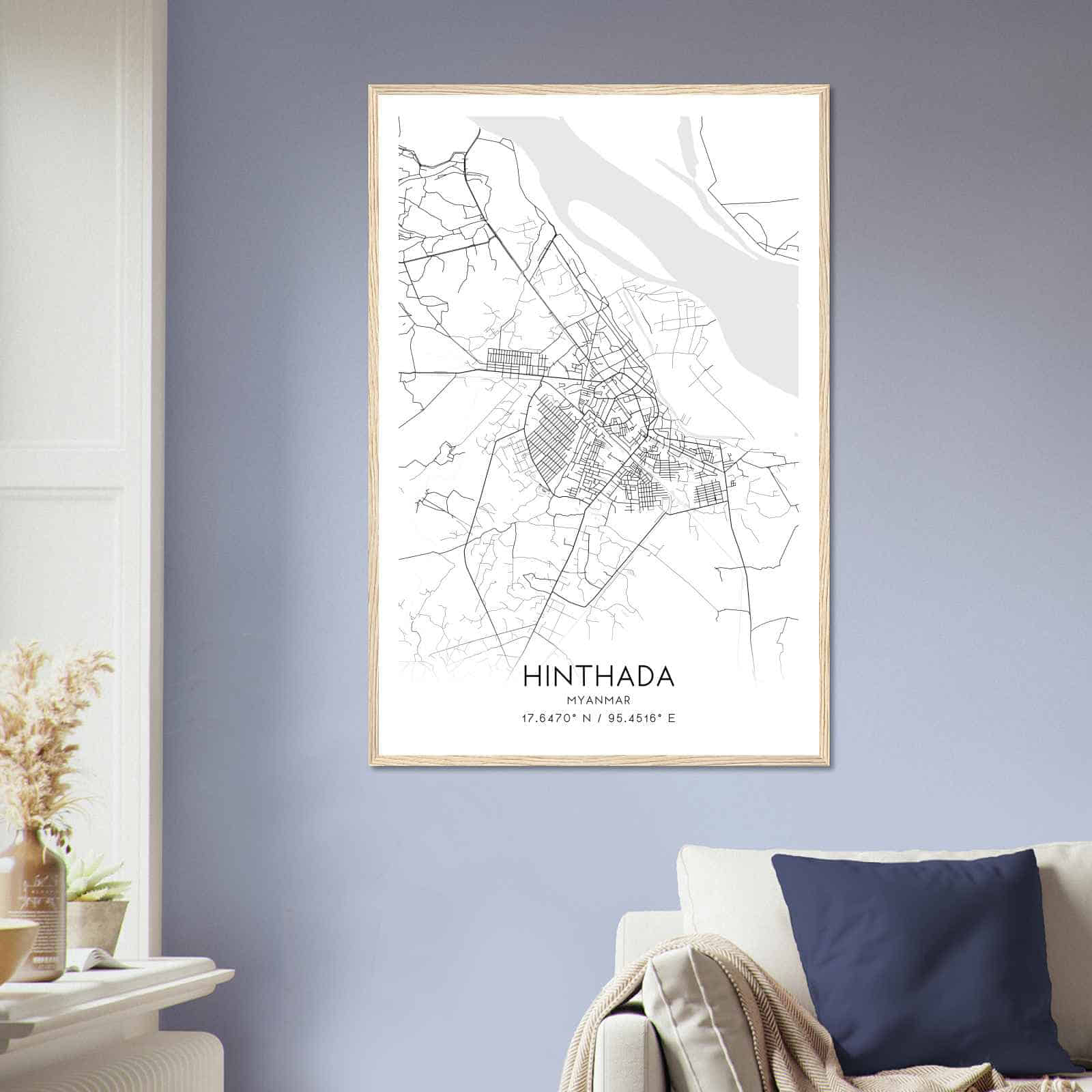 Hinthada Myanmar Map Poster, Hinthada City Road Wall Art Print - Custom Maps & Posters