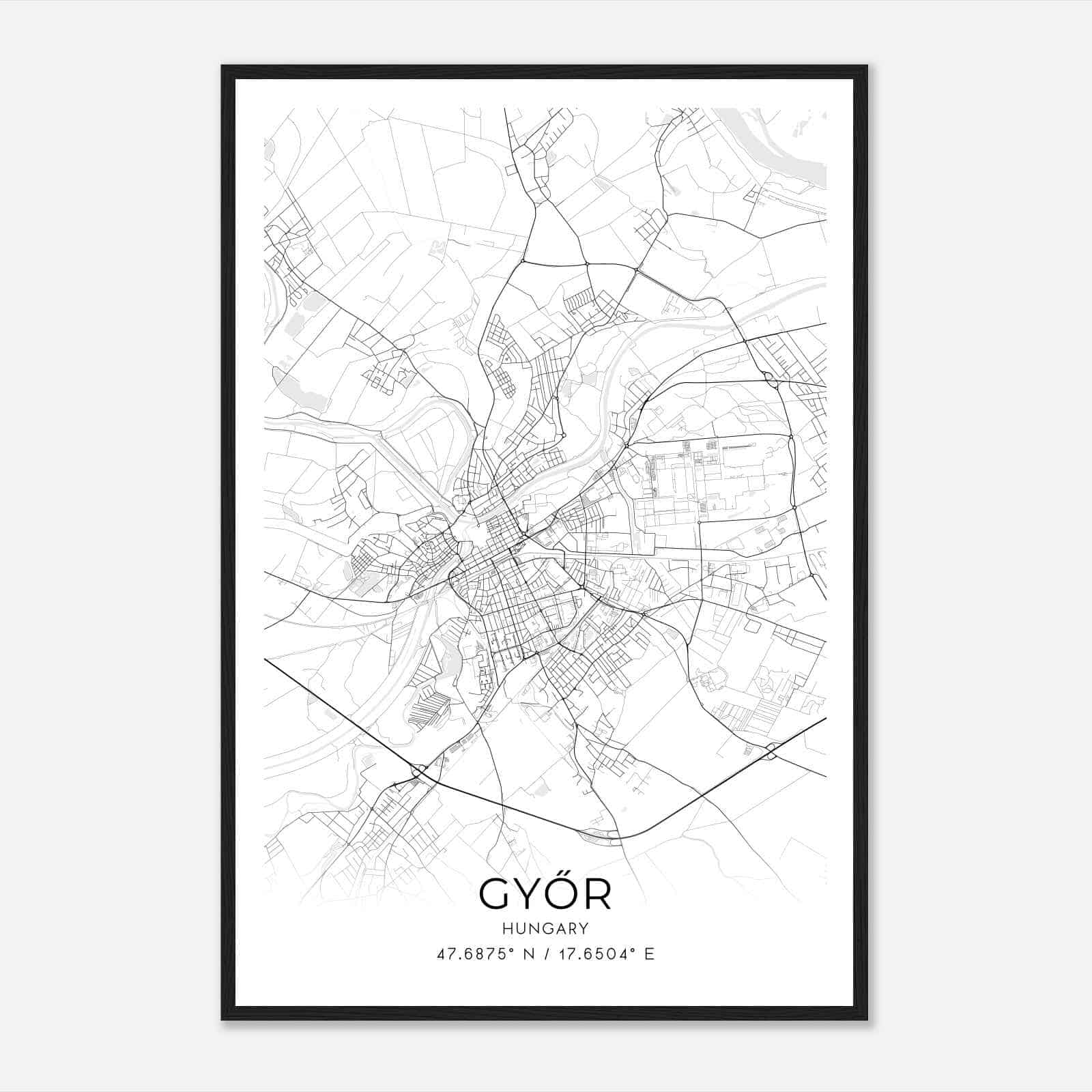 Gyor Hungary Map Poster, Gyor City Road Wall Art Print - Custom Maps ...