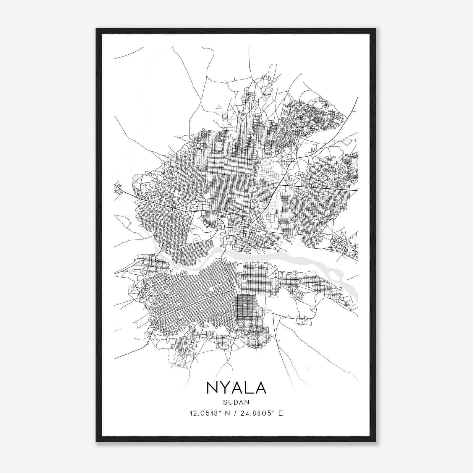 Nyala Sudan Map Poster, Nyala City Road Wall Art Print - Custom Maps ...