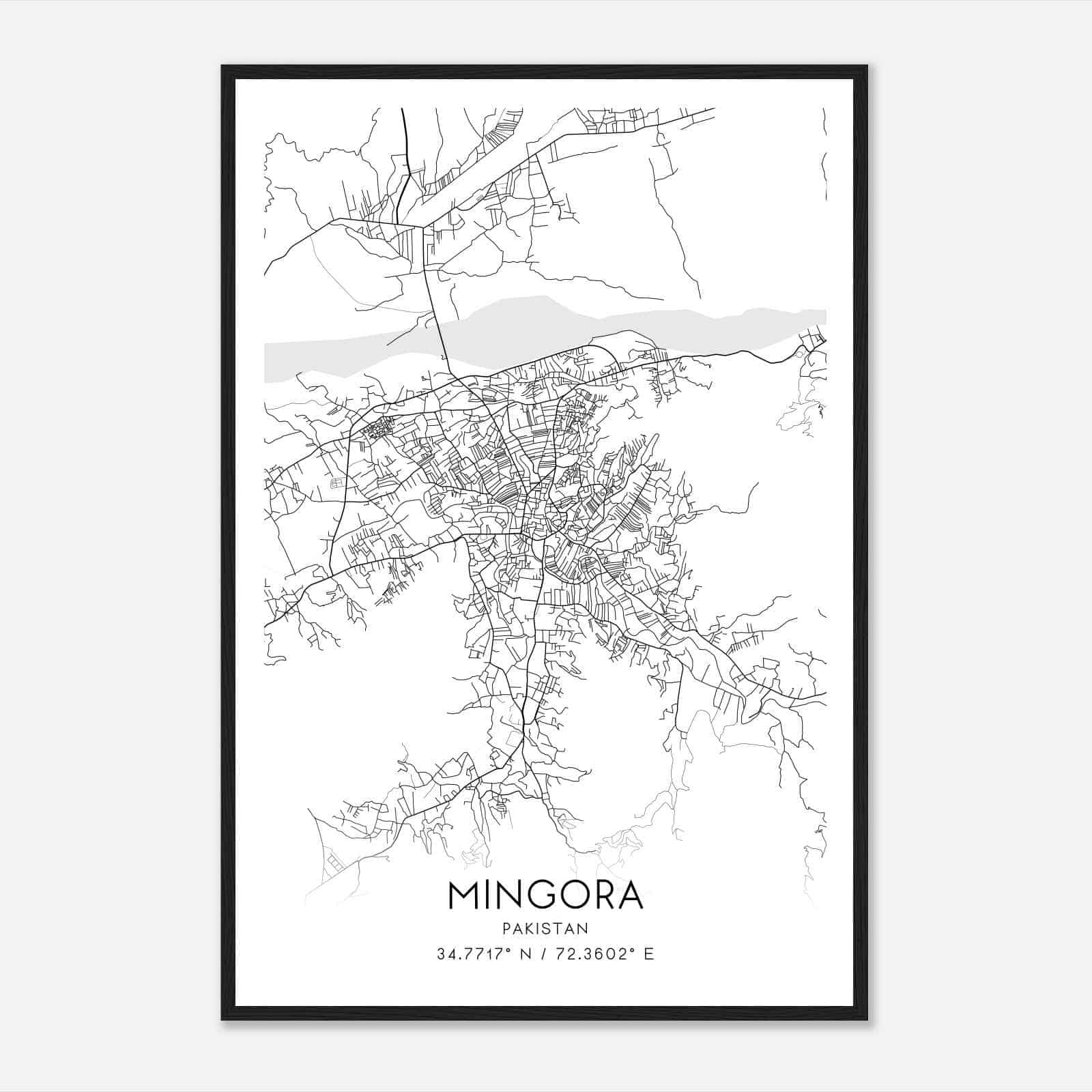 Mingora Pakistan Map Poster, Mingora City Road Wall Art Print - Custom ...