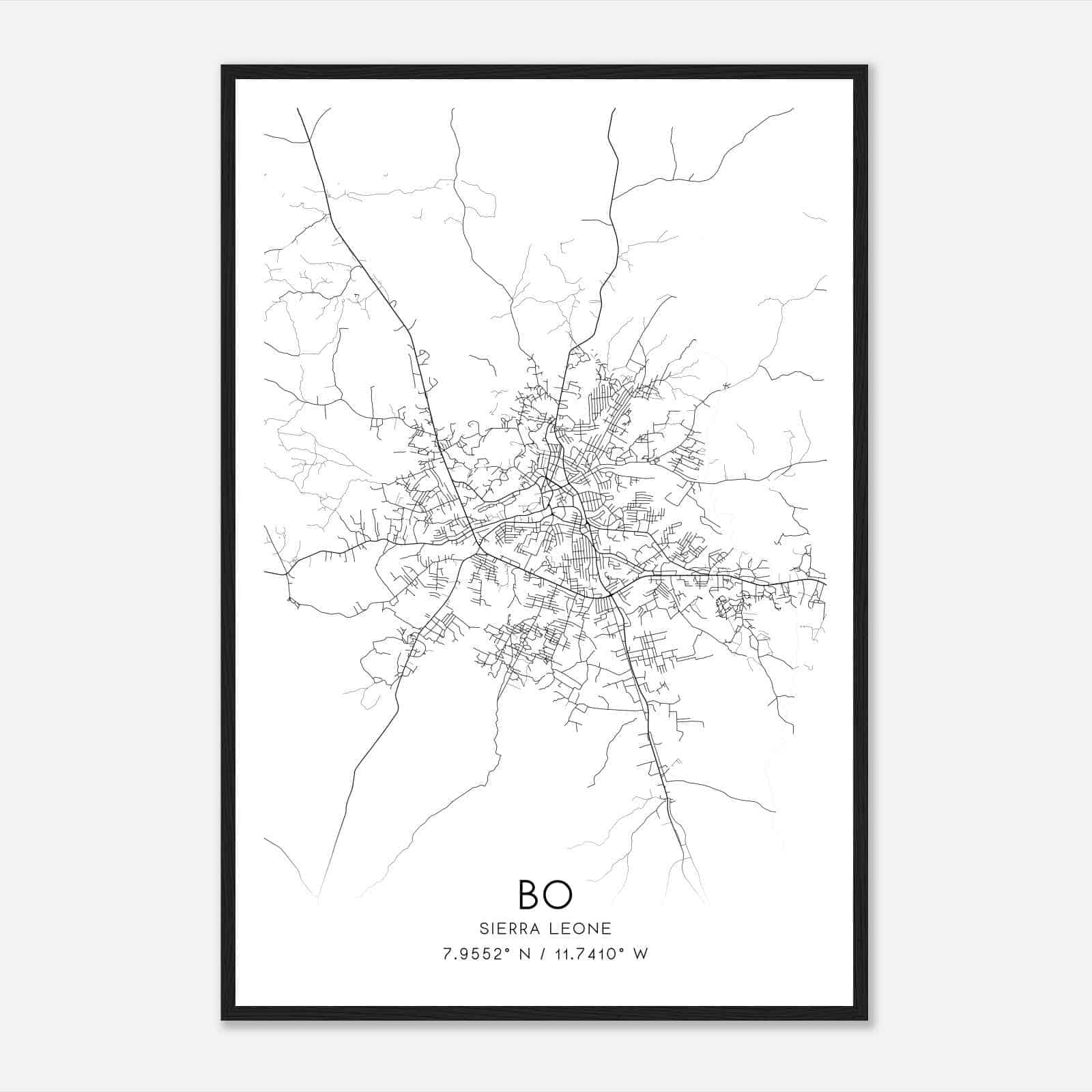 Bo Sierra Leone Map Poster, Bo City Road Wall Art Print - Custom Maps ...