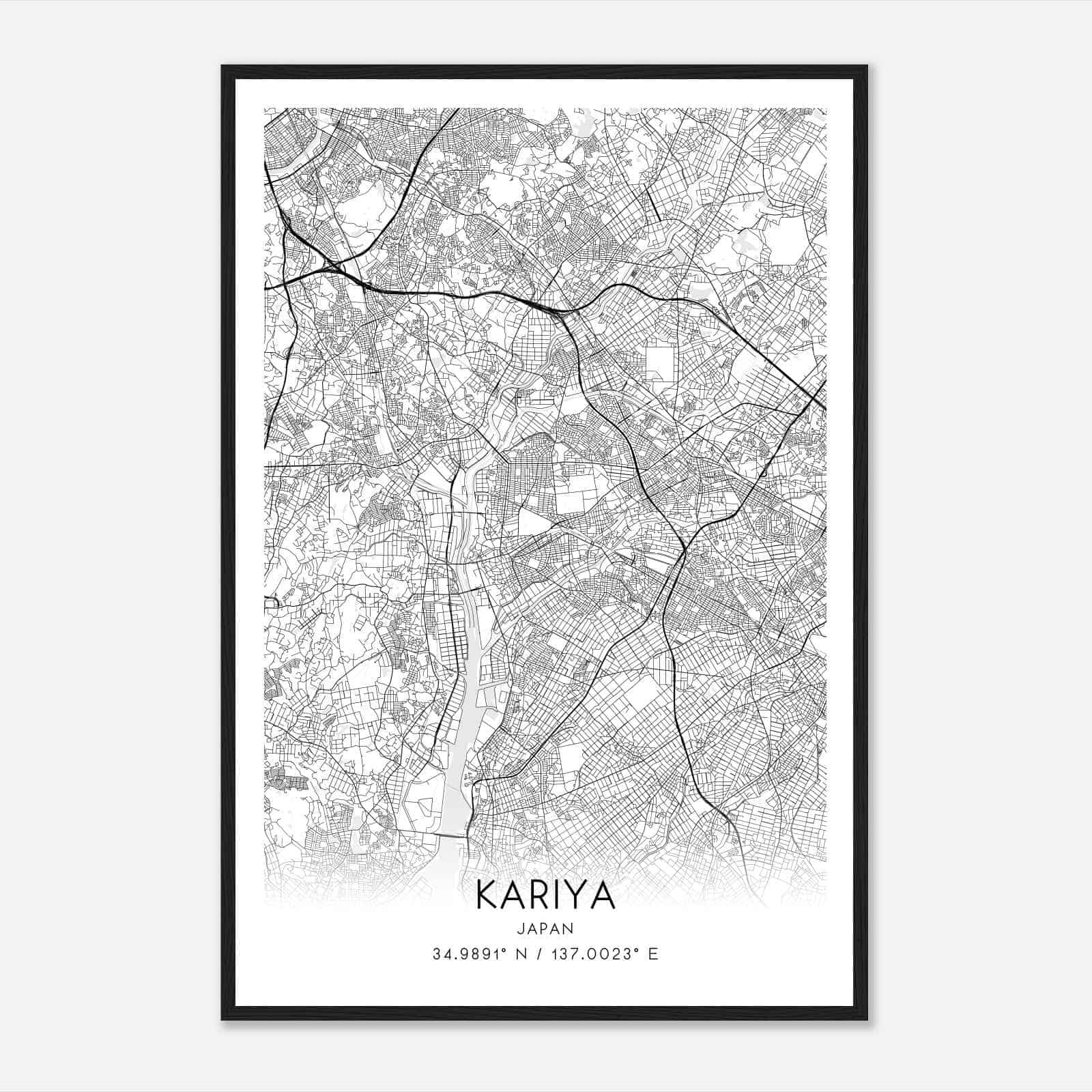 Kariya Japan Map Poster, Kariya City Road Wall Art Print - Custom Maps ...