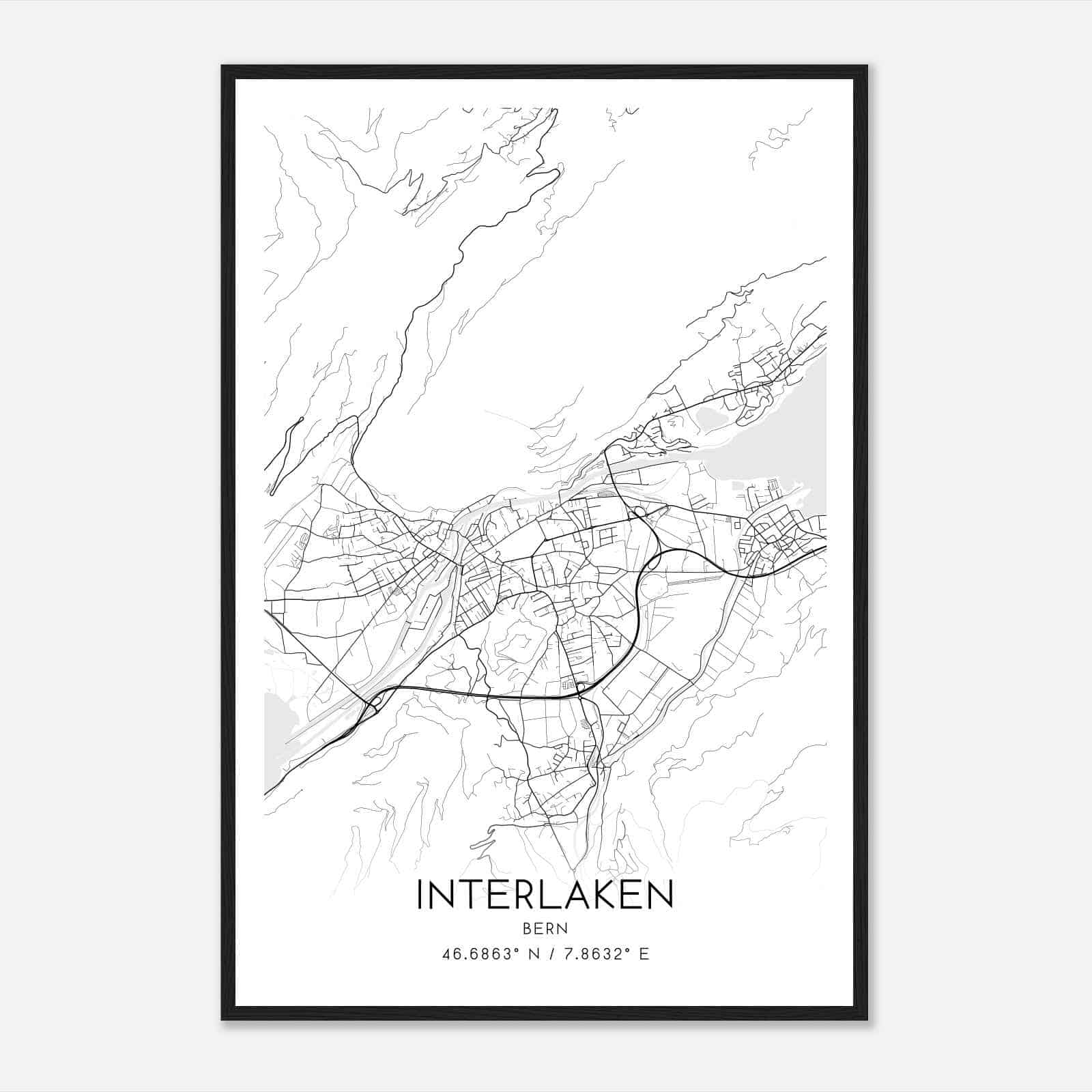 Interlaken Bern Map Poster, Interlaken City Road Wall Art Print ...