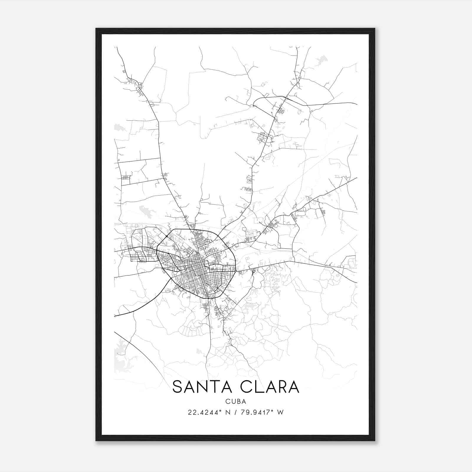 Santa Clara Cuba Map Poster, Santa Clara City Road Wall Art Print ...