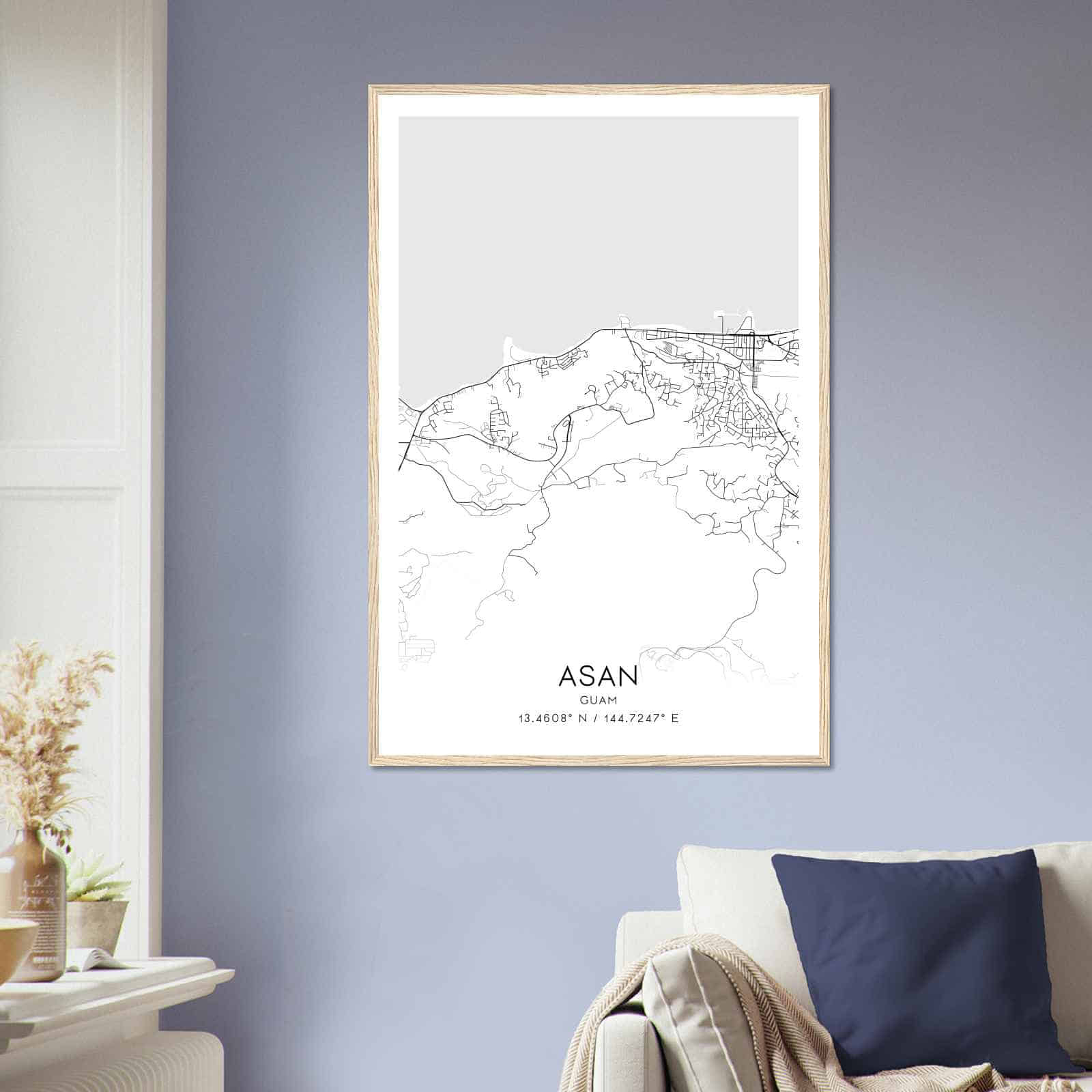 Asan Guam Map Poster, Asan City Road Wall Art Print - Custom Maps & Posters