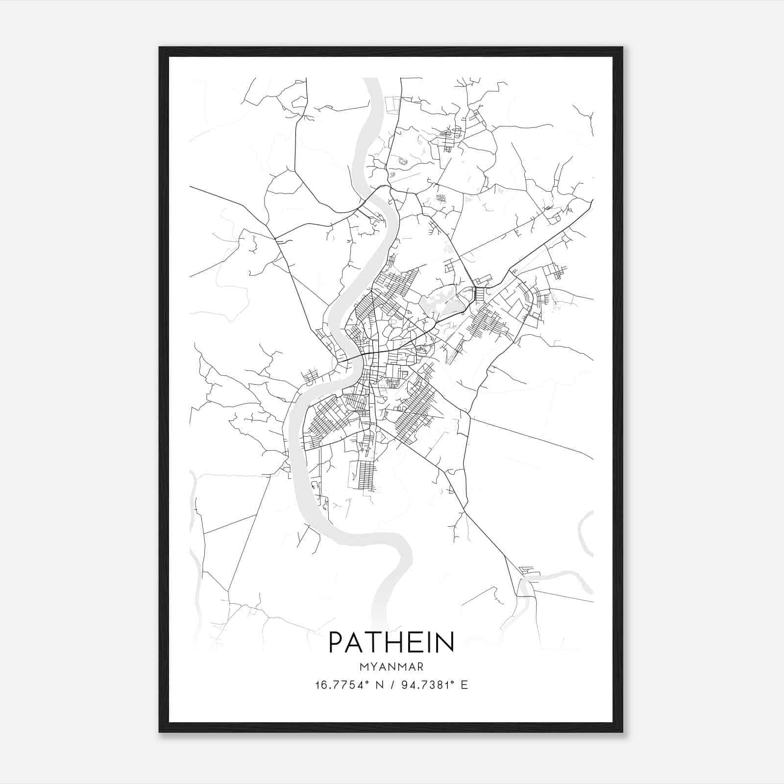 Pathein Myanmar Map Poster, Pathein City Road Wall Art Print - Custom Maps & Posters