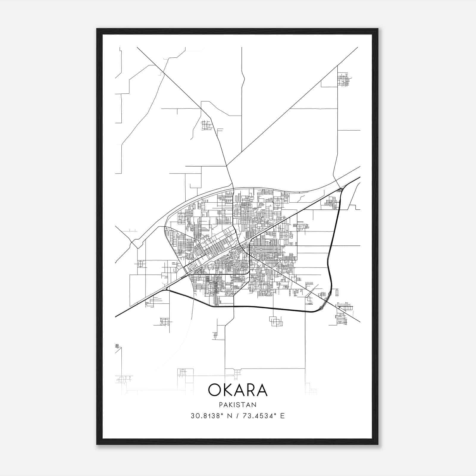Okara Pakistan Map Poster, Okara City Road Wall Art Print - Custom Maps ...