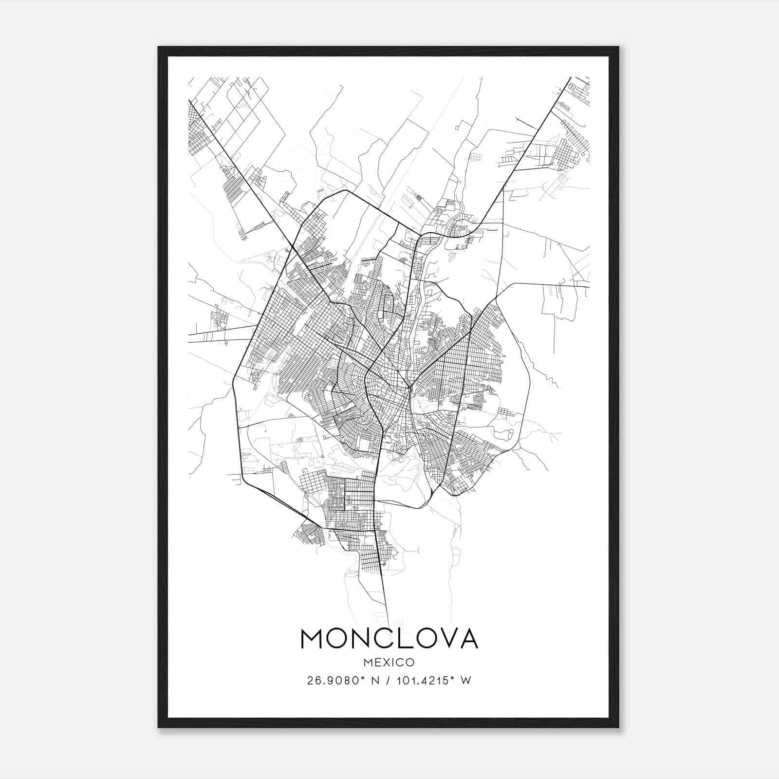 Monclova Mexico Map Poster, Monclova City Road Wall Art Print - Custom ...