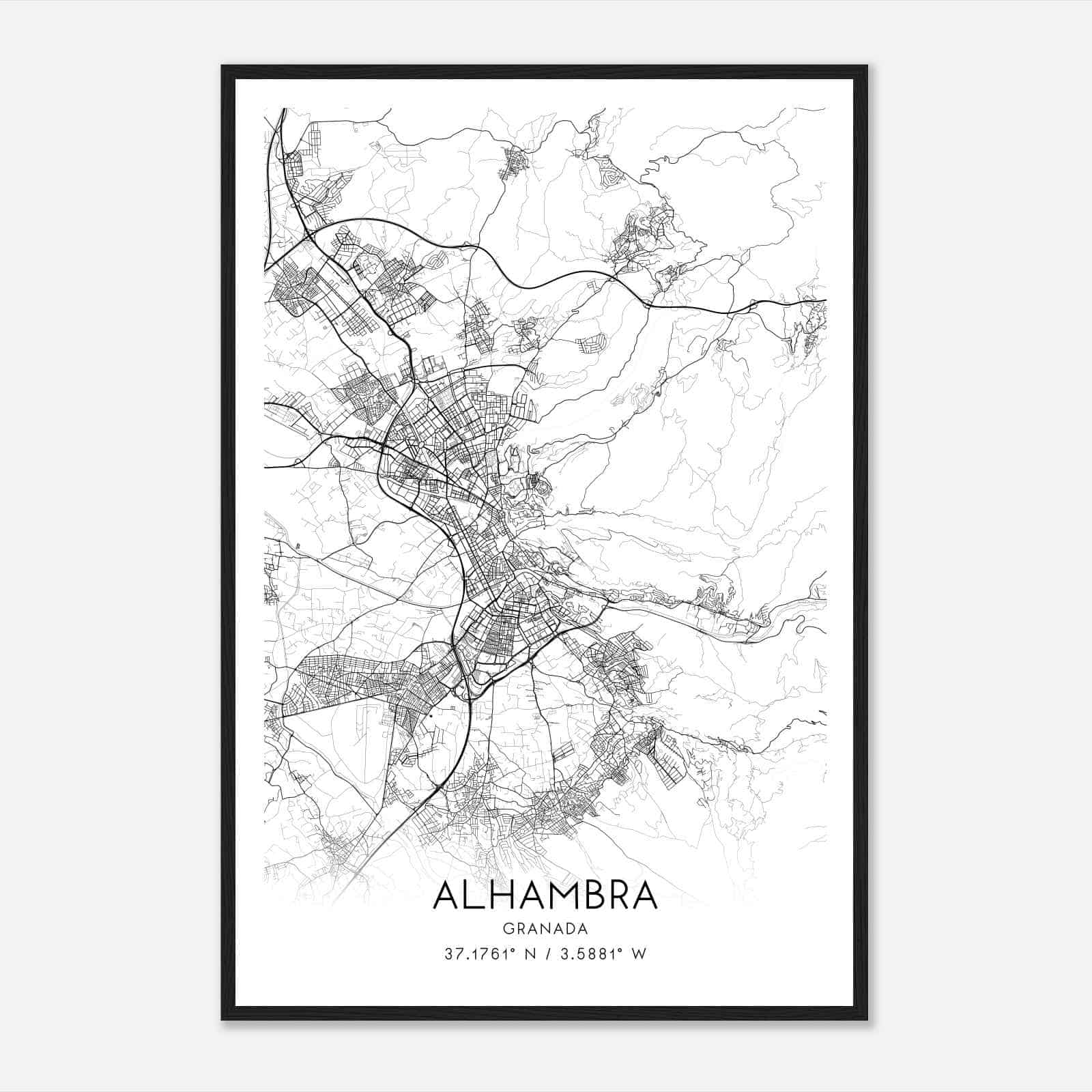Alhambra Granada Map Poster, Alhambra City Road Wall Art Print - Custom ...