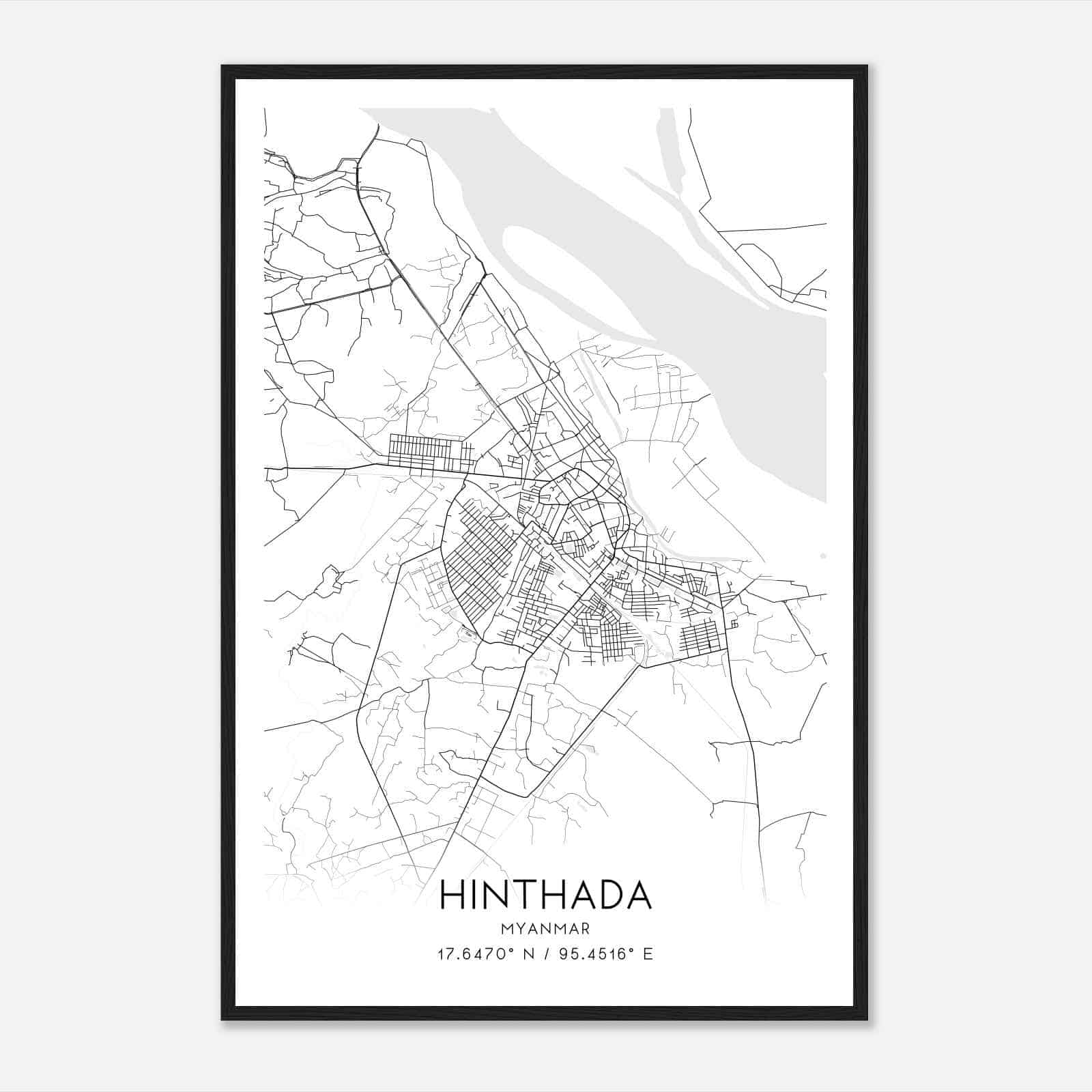 Hinthada Myanmar Map Poster, Hinthada City Road Wall Art Print - Custom Maps & Posters