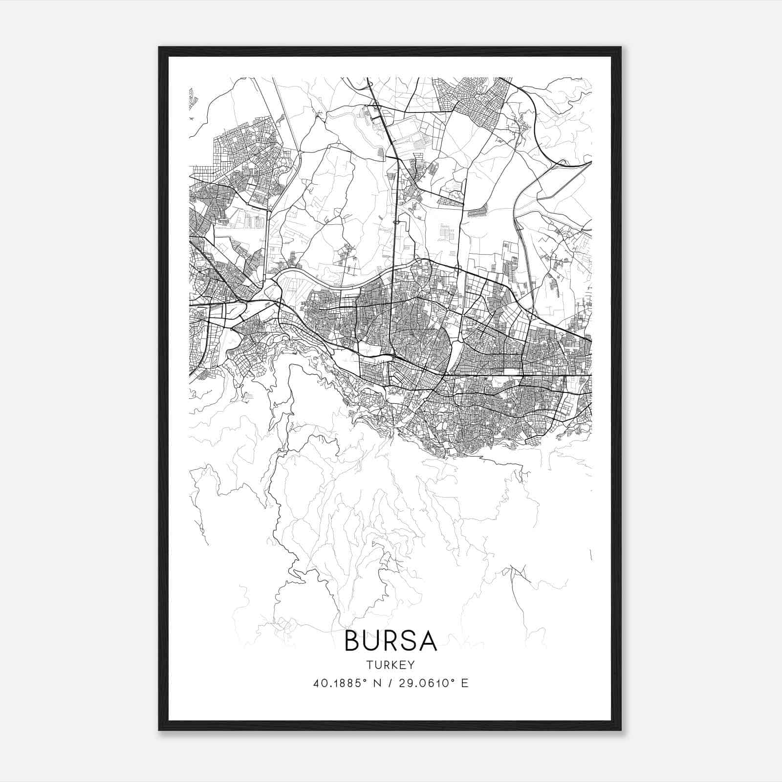 Bursa Turkey Map Poster, Bursa City Road Wall Art Print - Custom Maps ...