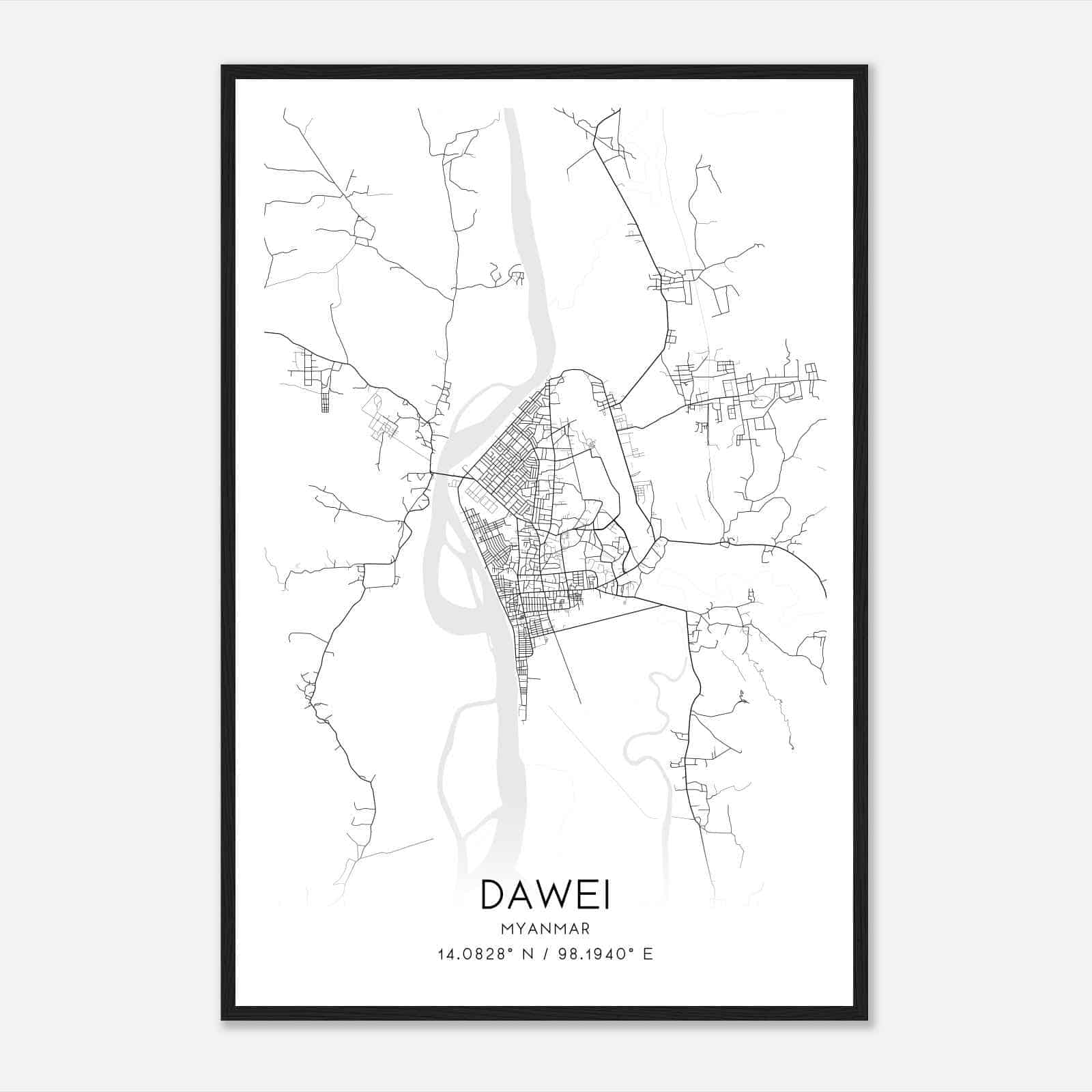 Dawei Myanmar Map Poster, Dawei City Road Wall Art Print - Custom Maps ...
