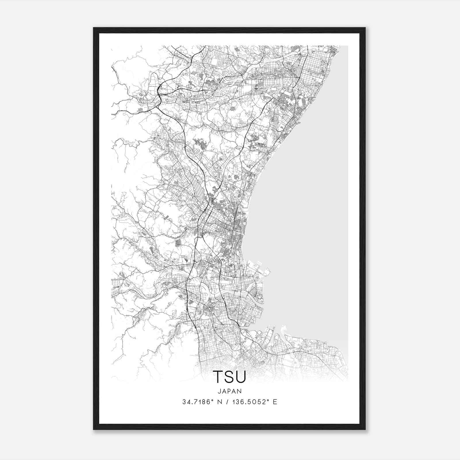 Tsu Japan Map Poster, Tsu City Road Wall Art Print - Custom Maps & Posters
