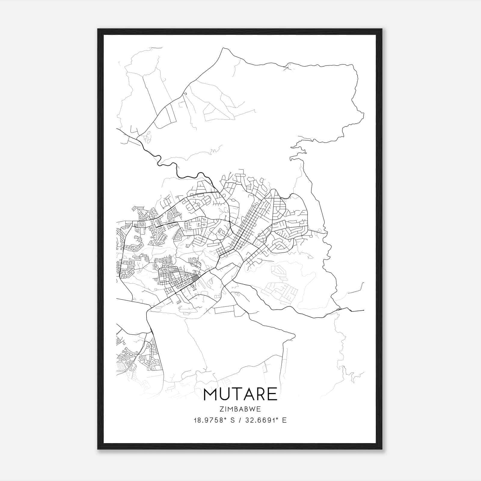 Mutare Zimbabwe Map Poster, Mutare City Road Wall Art Print - Custom ...