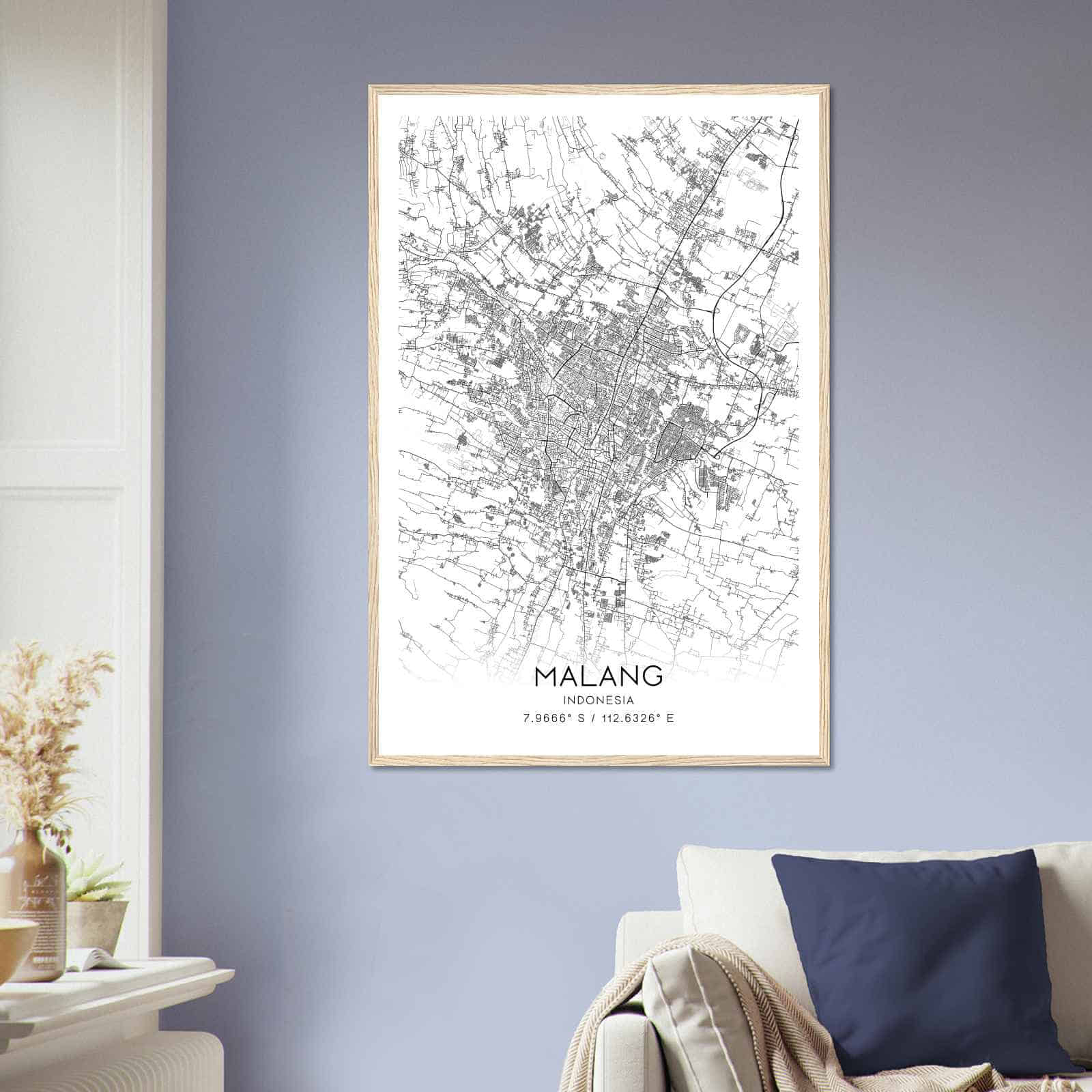 Malang Indonesia Map Poster, Malang City Road Wall Art Print - Custom ...