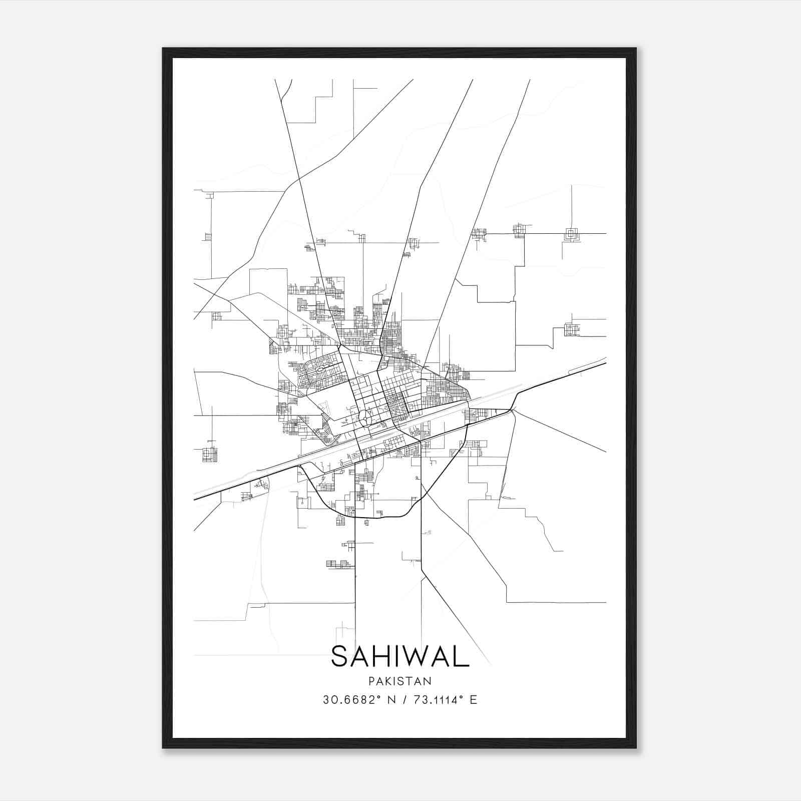Sahiwal Pakistan Map Poster, Sahiwal City Road Wall Art Print - Custom ...