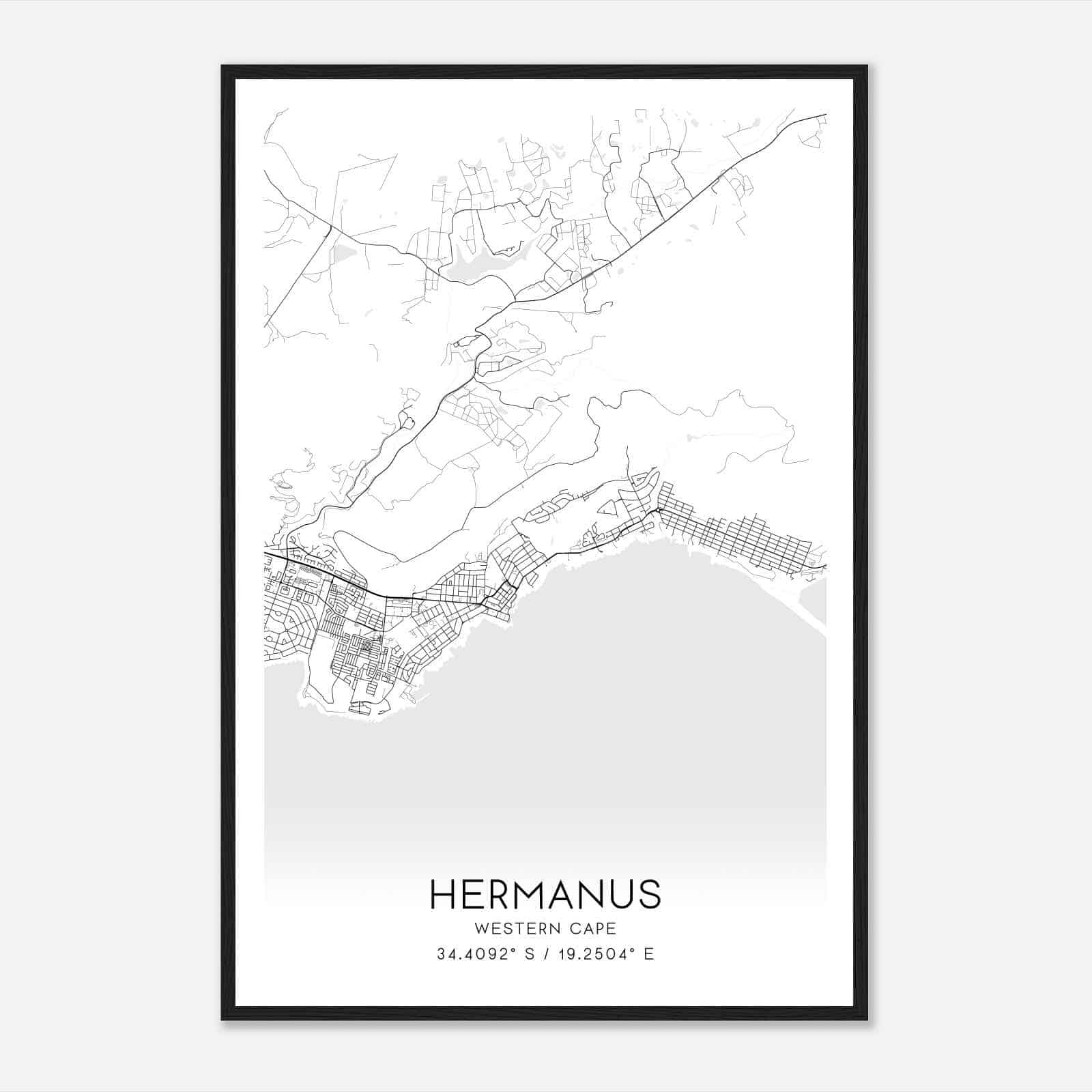 Hermanus Western Cape Map Poster, Hermanus City Road Wall Art Print ...