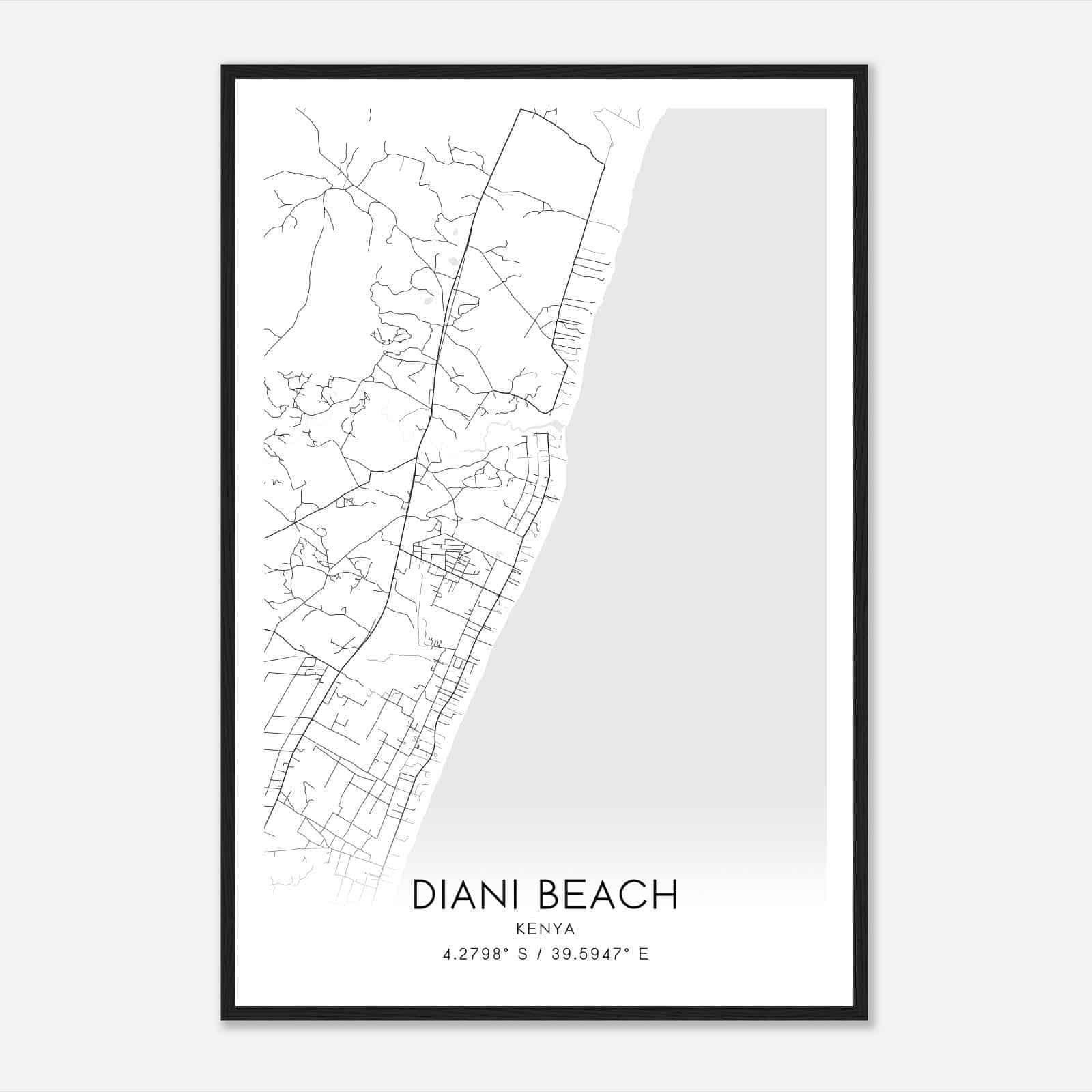 Diani Beach Kenya Map Poster, Diani Beach City Road Wall Art Print ...