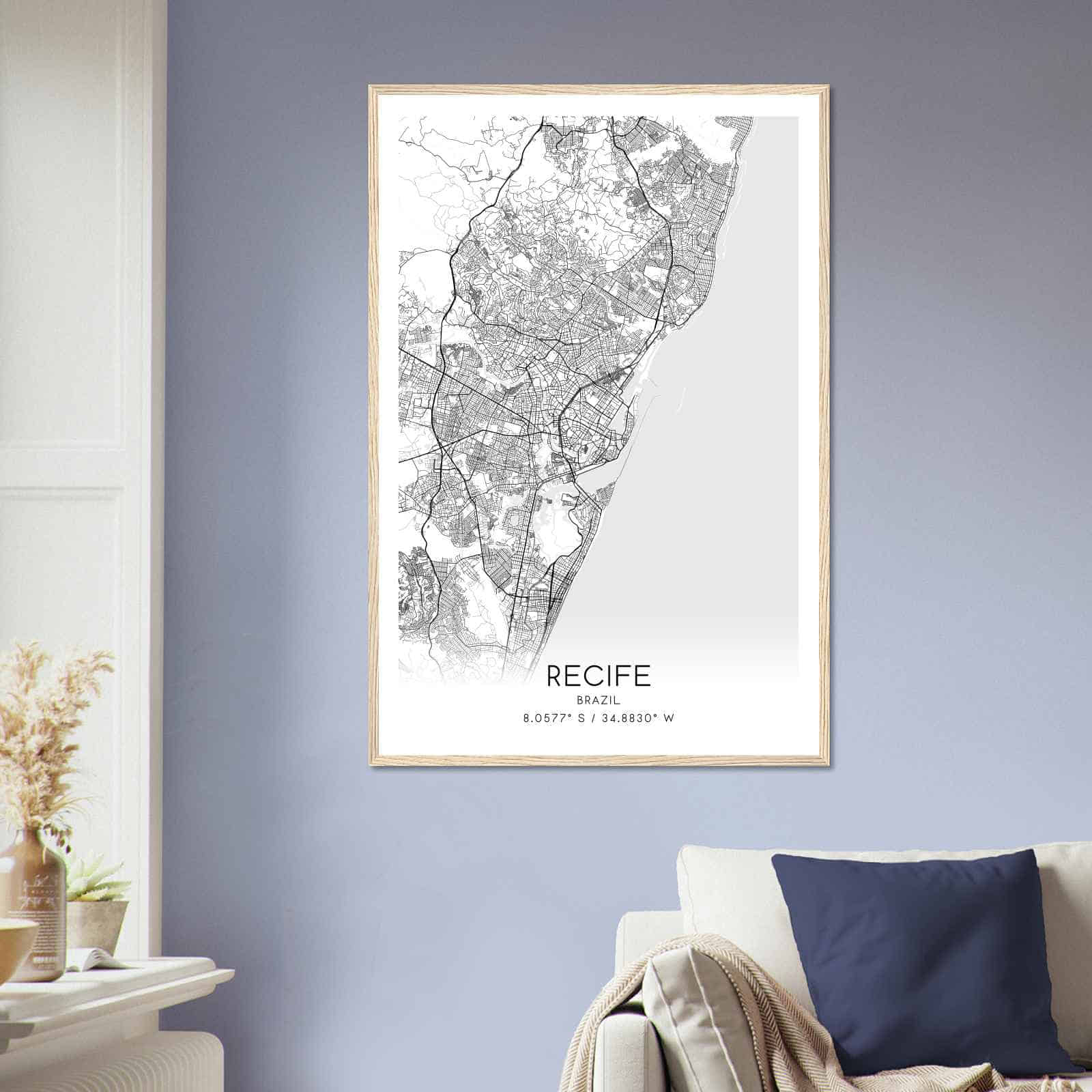 Recife Brazil Map Poster, Recife City Road Wall Art Print - Custom Maps ...