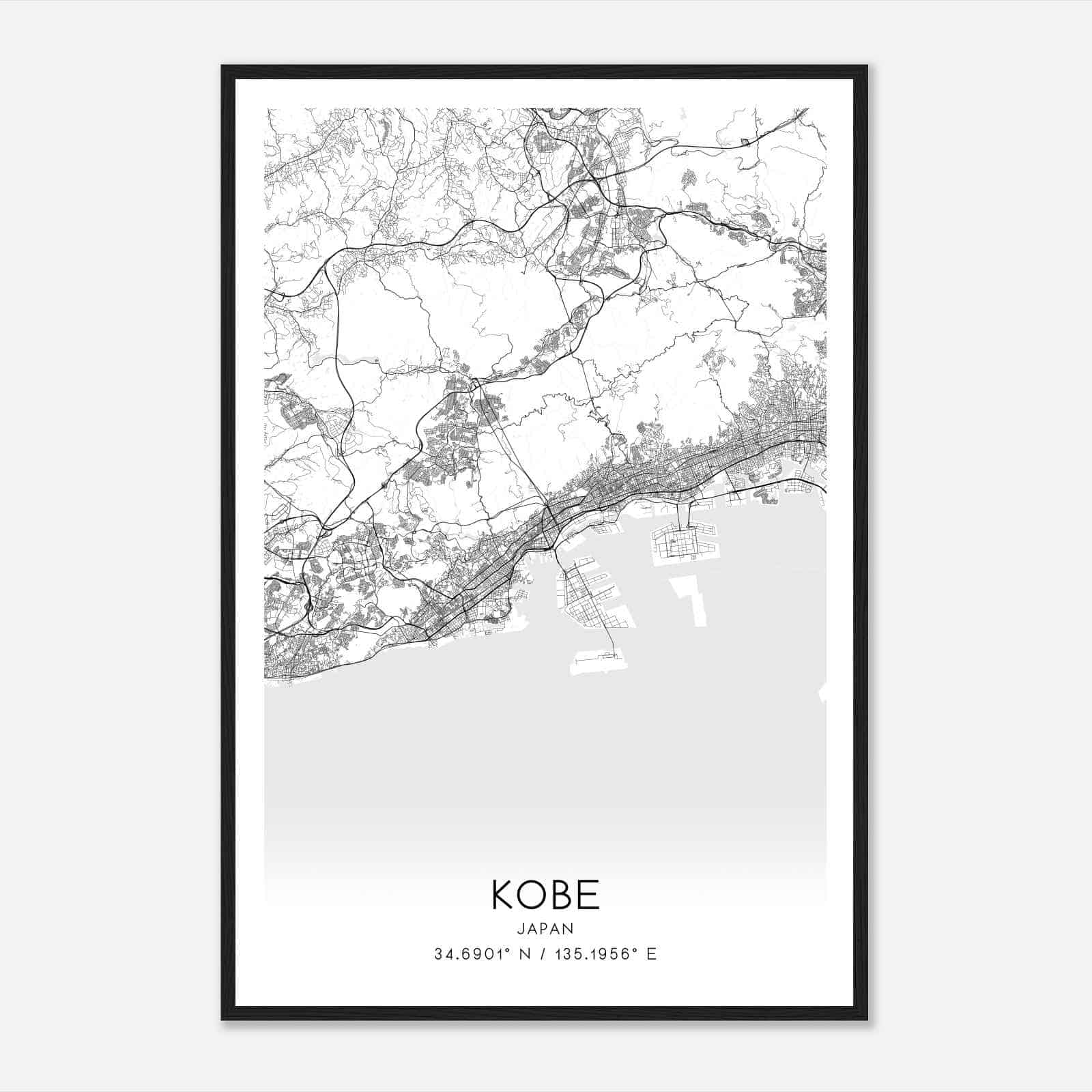 Kobe Japan Map Poster, Kobe City Road Wall Art Print - Custom Maps ...