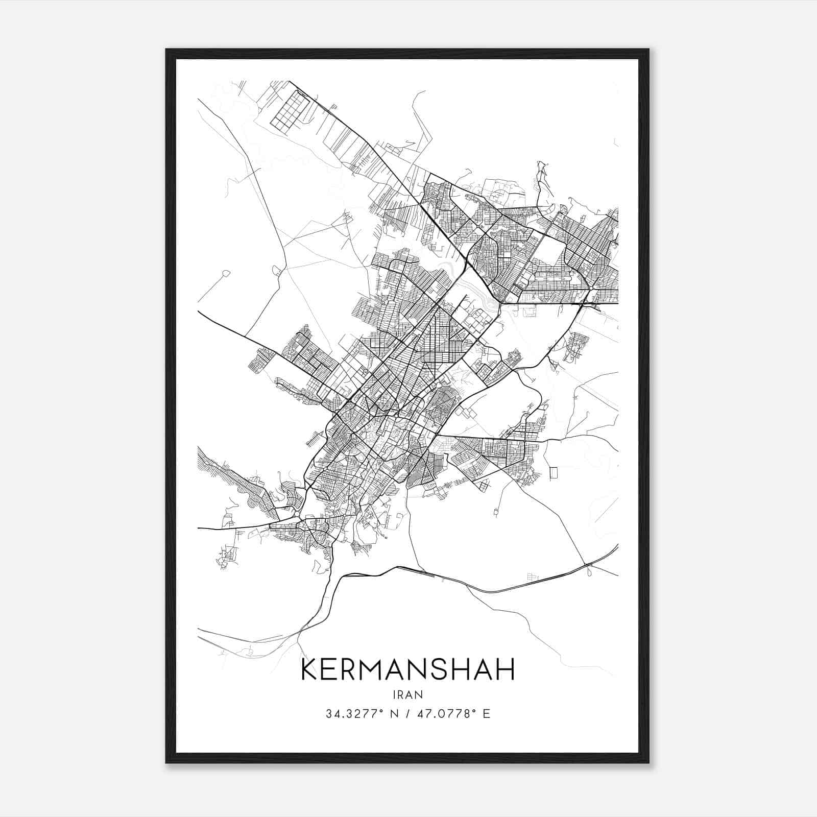 Kermanshah Iran Map Poster, Kermanshah City Road Wall Art Print - Custom Maps & Posters