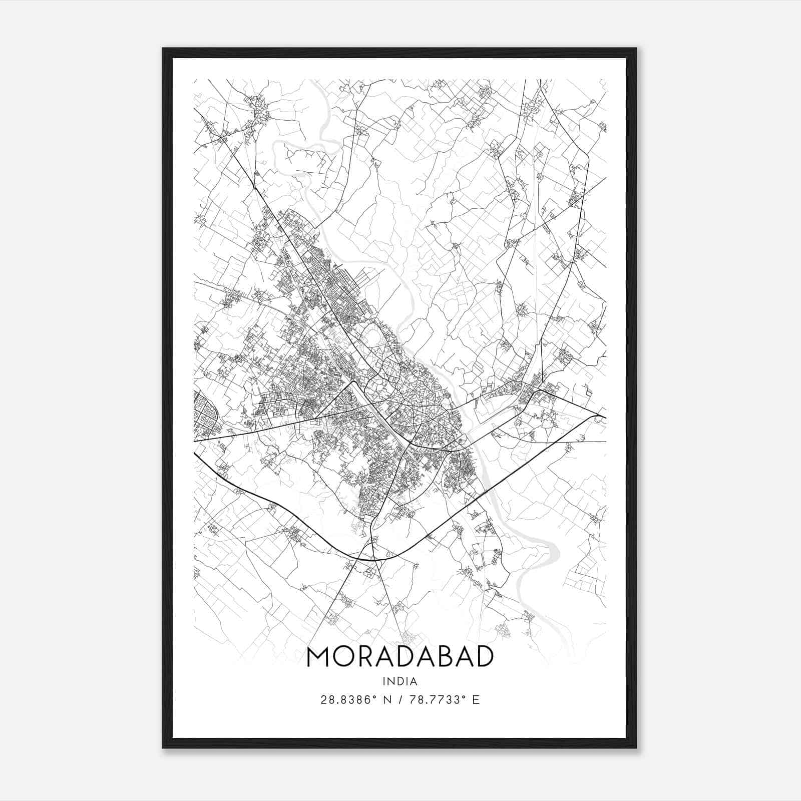 Moradabad India Map Poster, Moradabad City Road Wall Art Print - Custom ...