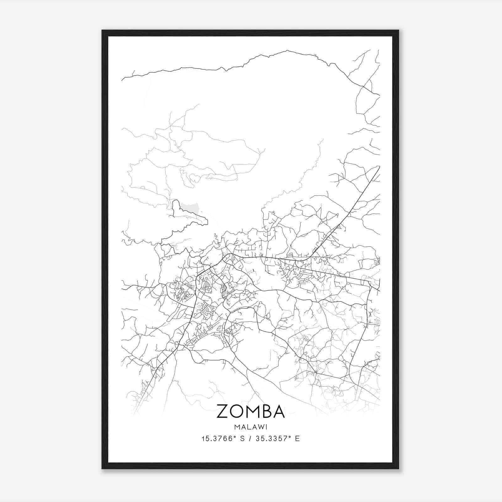 Zomba Malawi Map Poster, Zomba City Road Wall Art Print - Custom Maps ...
