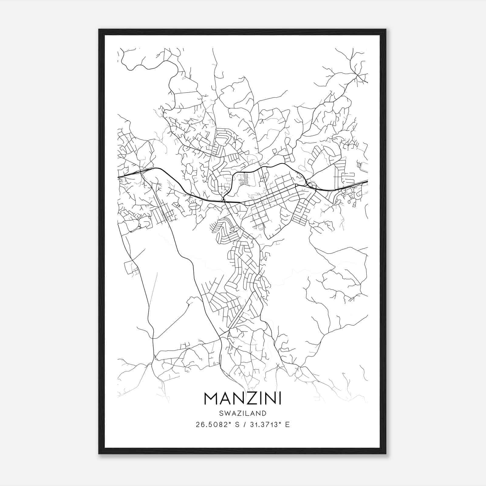 Manzini Swaziland Map Poster, Manzini City Road Wall Art Print - Custom ...