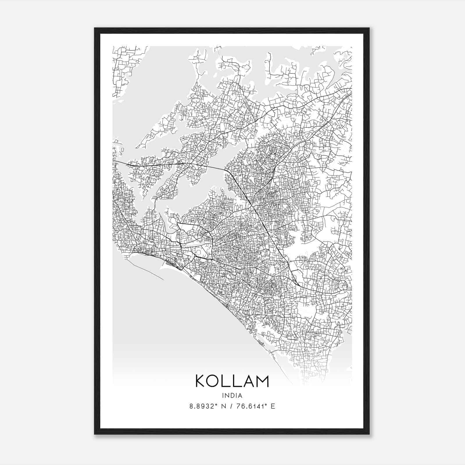 Kollam India Map Poster, Kollam City Road Wall Art Print - Custom Maps ...