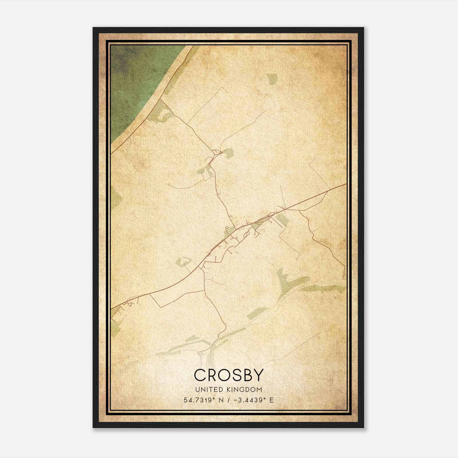 Vintage Crosby United Kingdom Map Poster, Crosby City Road Wall Art Print - Custom Maps & Posters