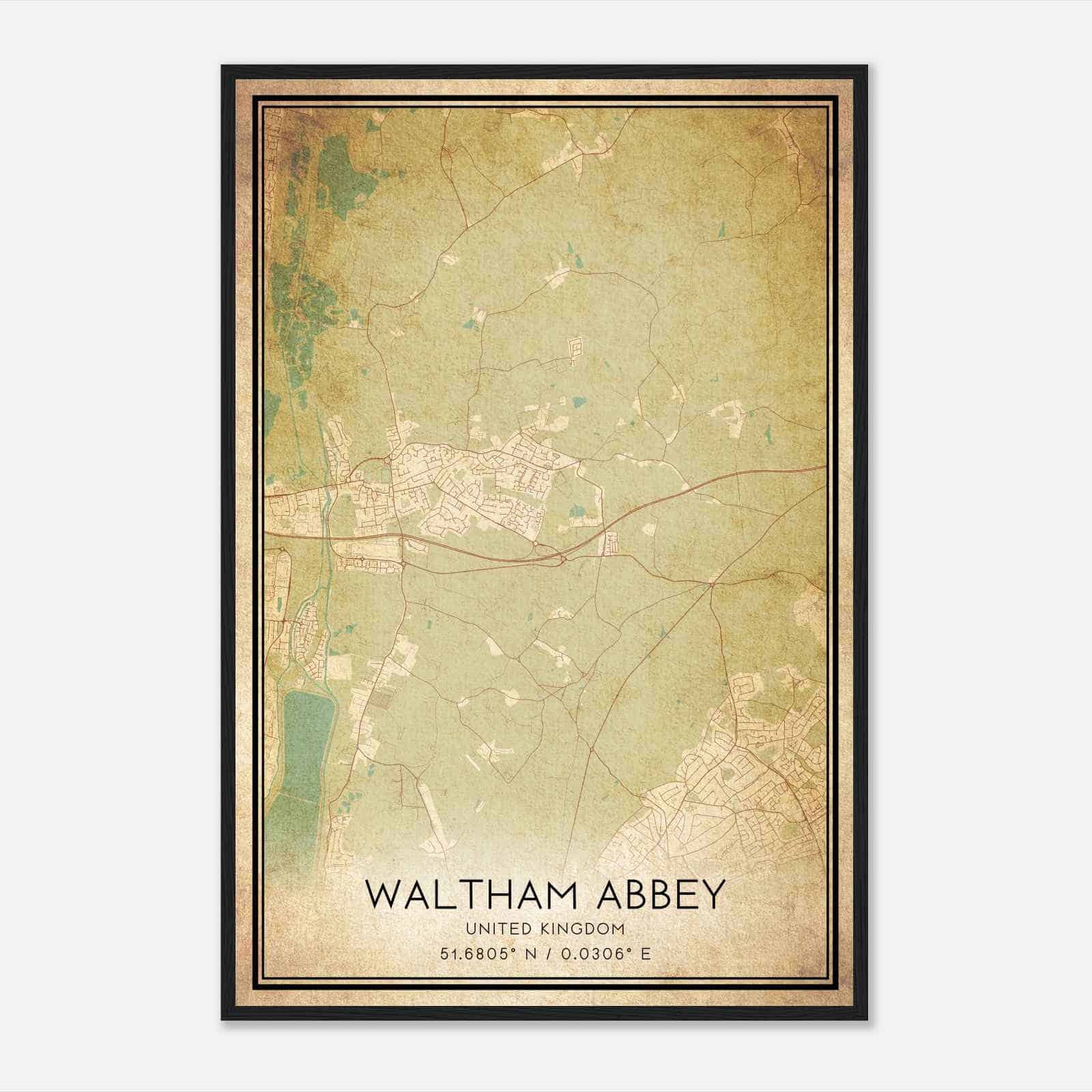 Vintage Waltham Abbey United Kingdom Map Poster, Waltham Abbey City ...