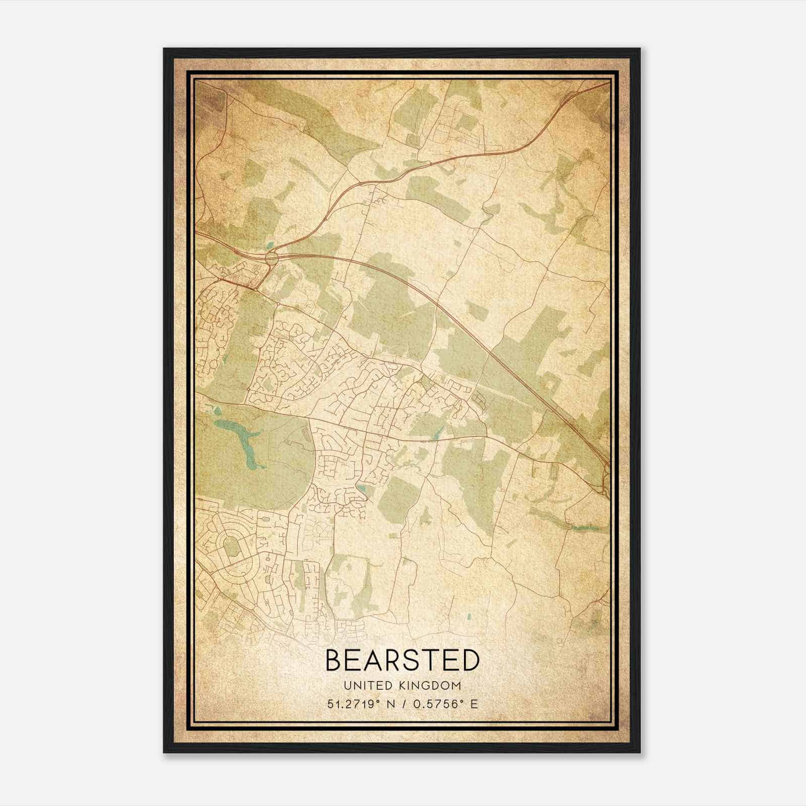 Vintage Bearsted United Kingdom Map Poster, Bearsted City Road Wall Art ...