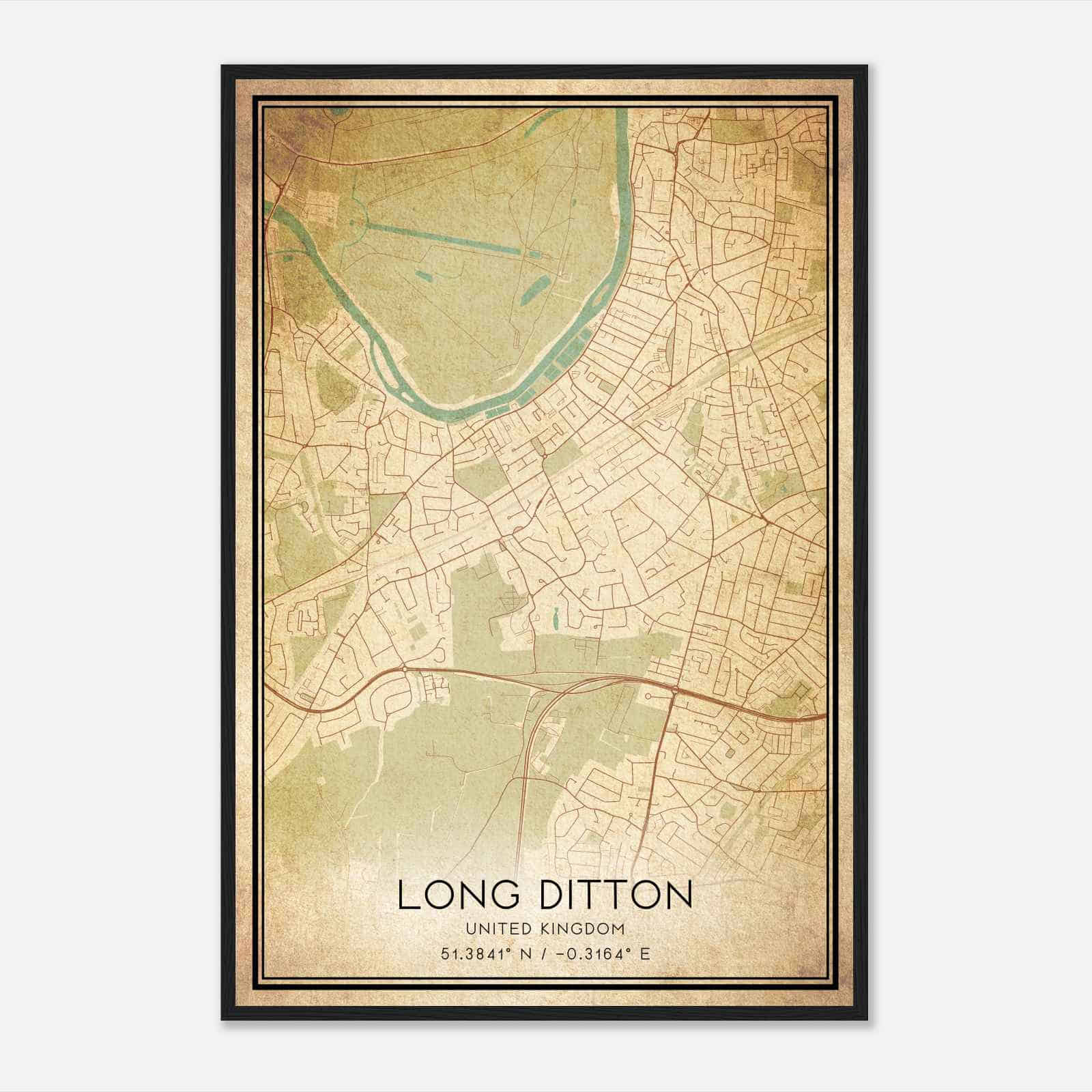 Vintage Long Ditton United Kingdom Map Poster, Long Ditton City Road ...