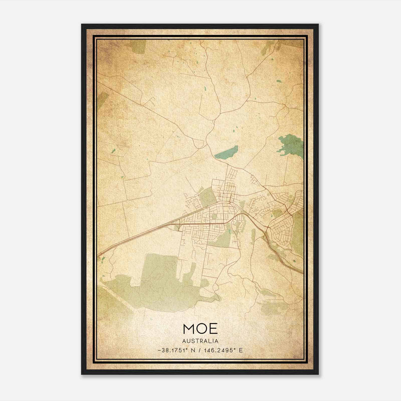 Vintage Moe Australia Map Poster, Moe City Road Wall Art Print - Custom ...