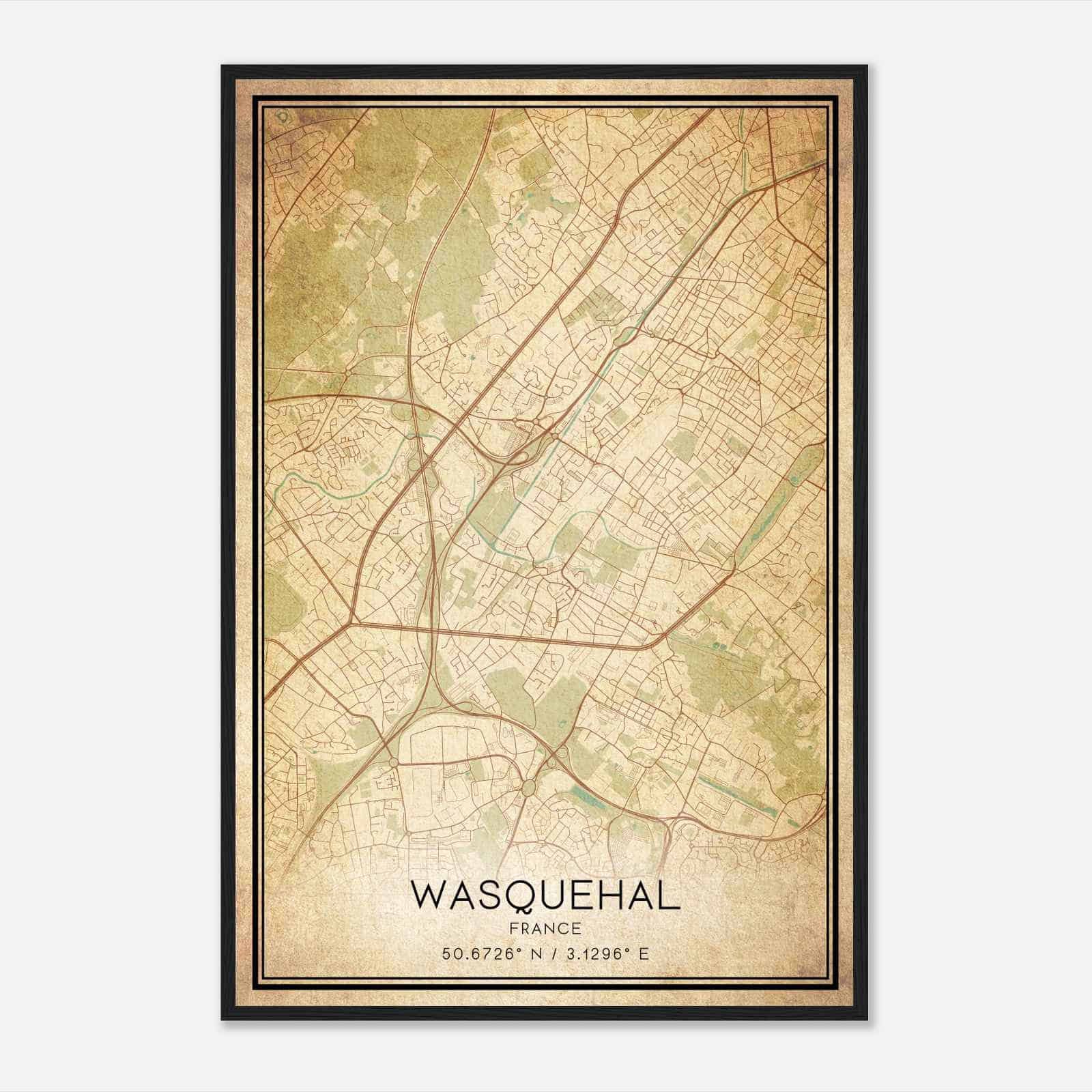 Vintage Wasquehal France Map Poster, Wasquehal City Road Wall Art Print ...