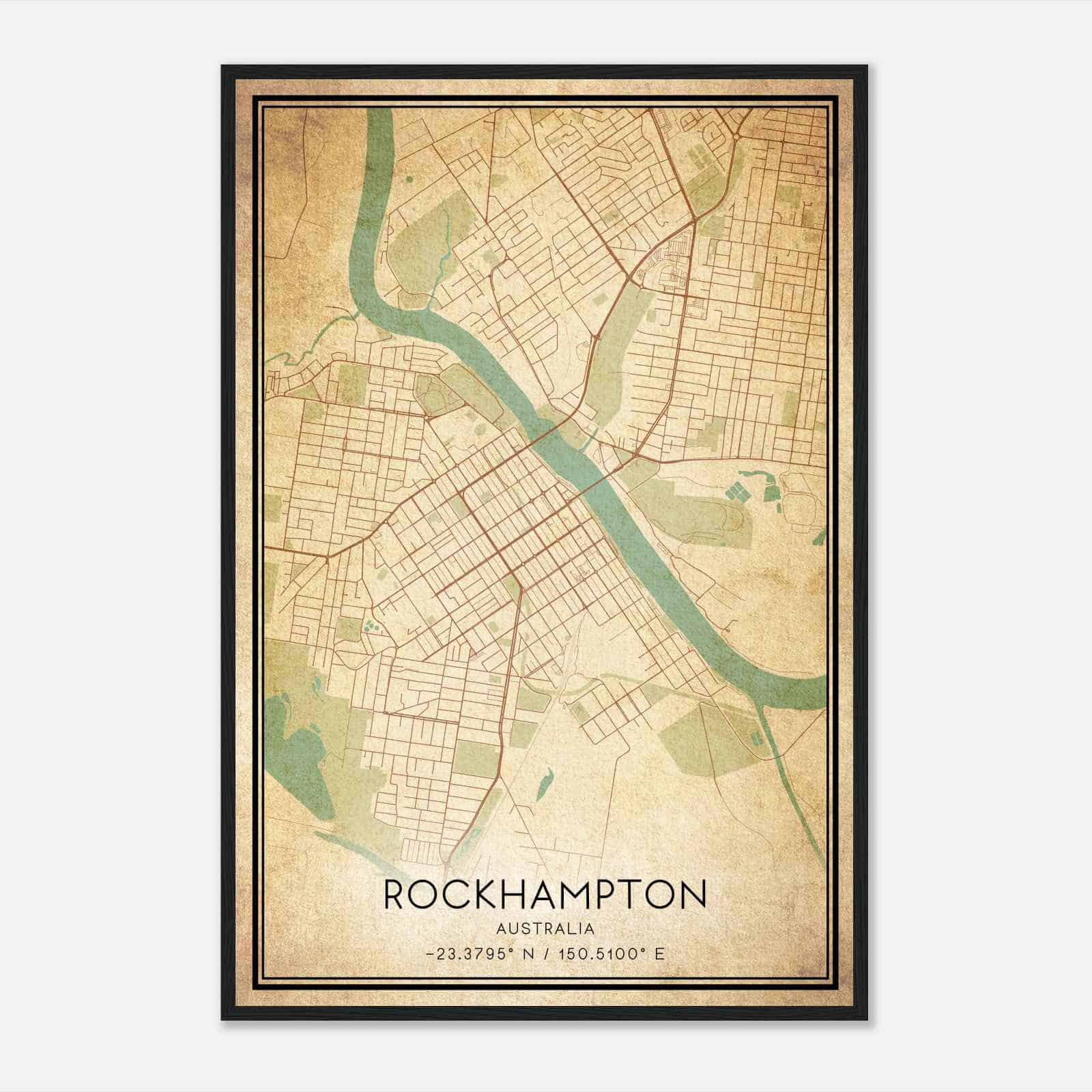 Vintage Rockhampton Australia Map Poster, Rockhampton City Road Wall ...