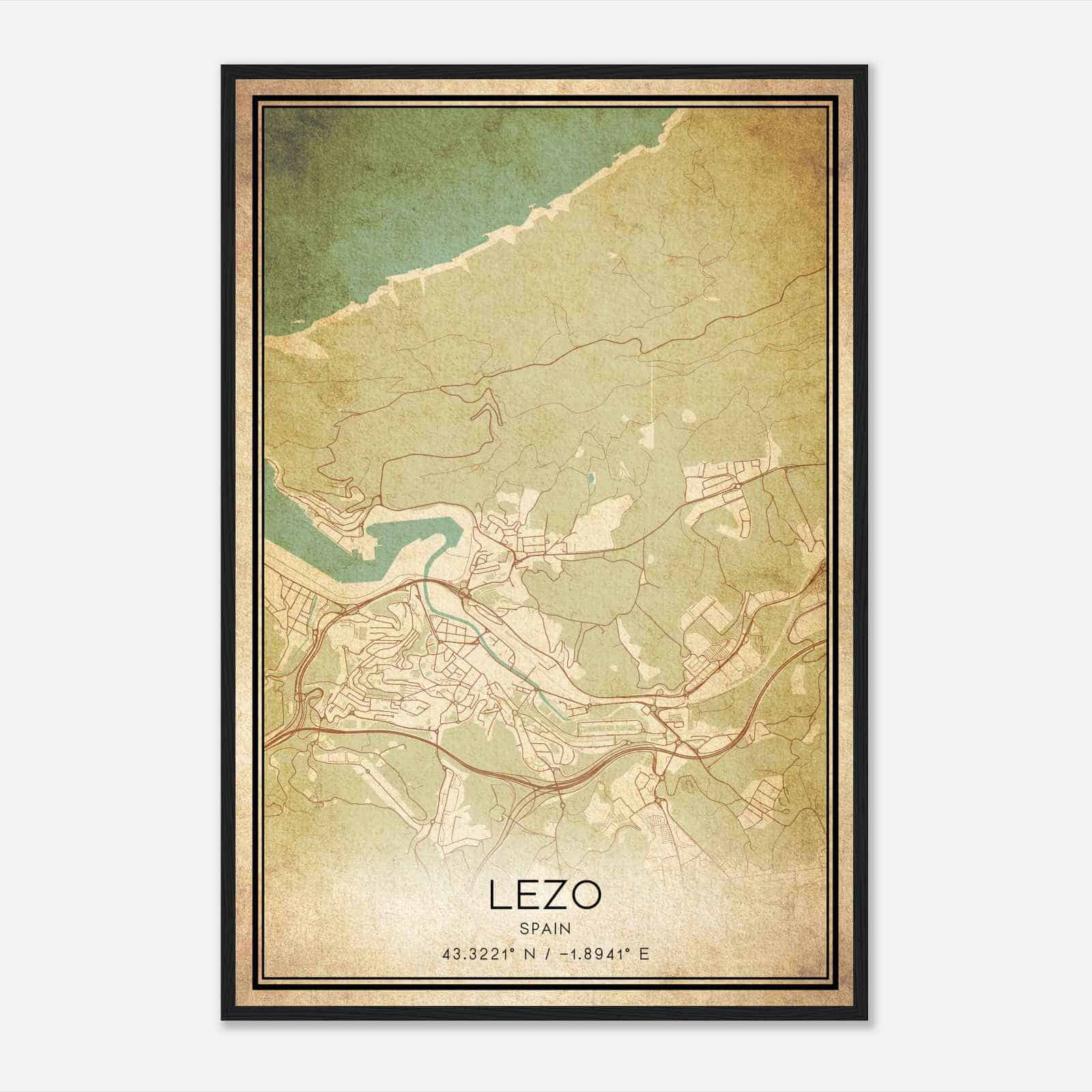 Vintage Lezo Spain Map Poster, Lezo City Road Wall Art Print - Custom ...