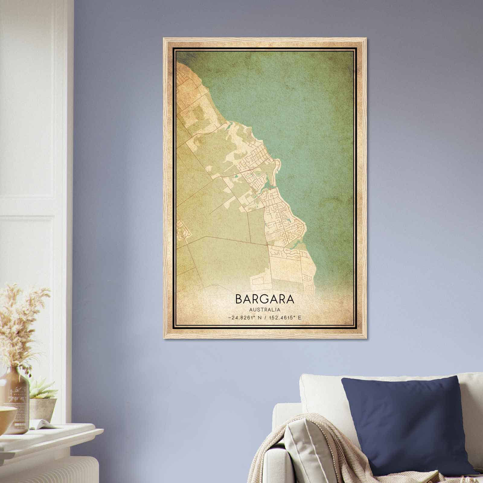 Vintage Bargara Australia Map Poster, Bargara City Road Wall Art Print ...