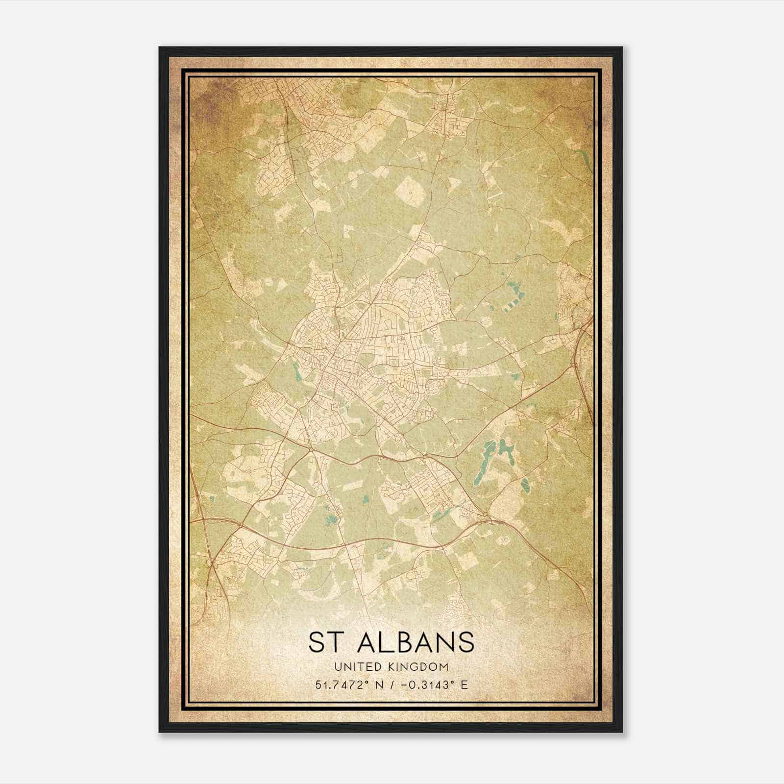 Vintage Saint Albans United Kingdom Map Poster, Saint Albans City Road ...