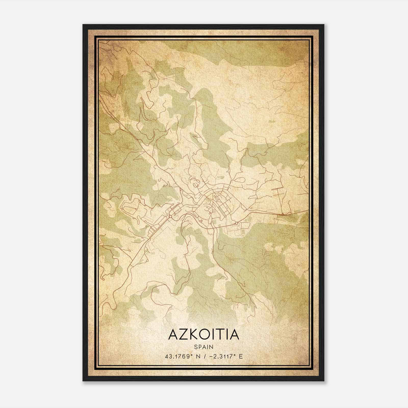 Vintage Azcoitia Spain Map Poster, Azcoitia City Road Wall Art Print ...