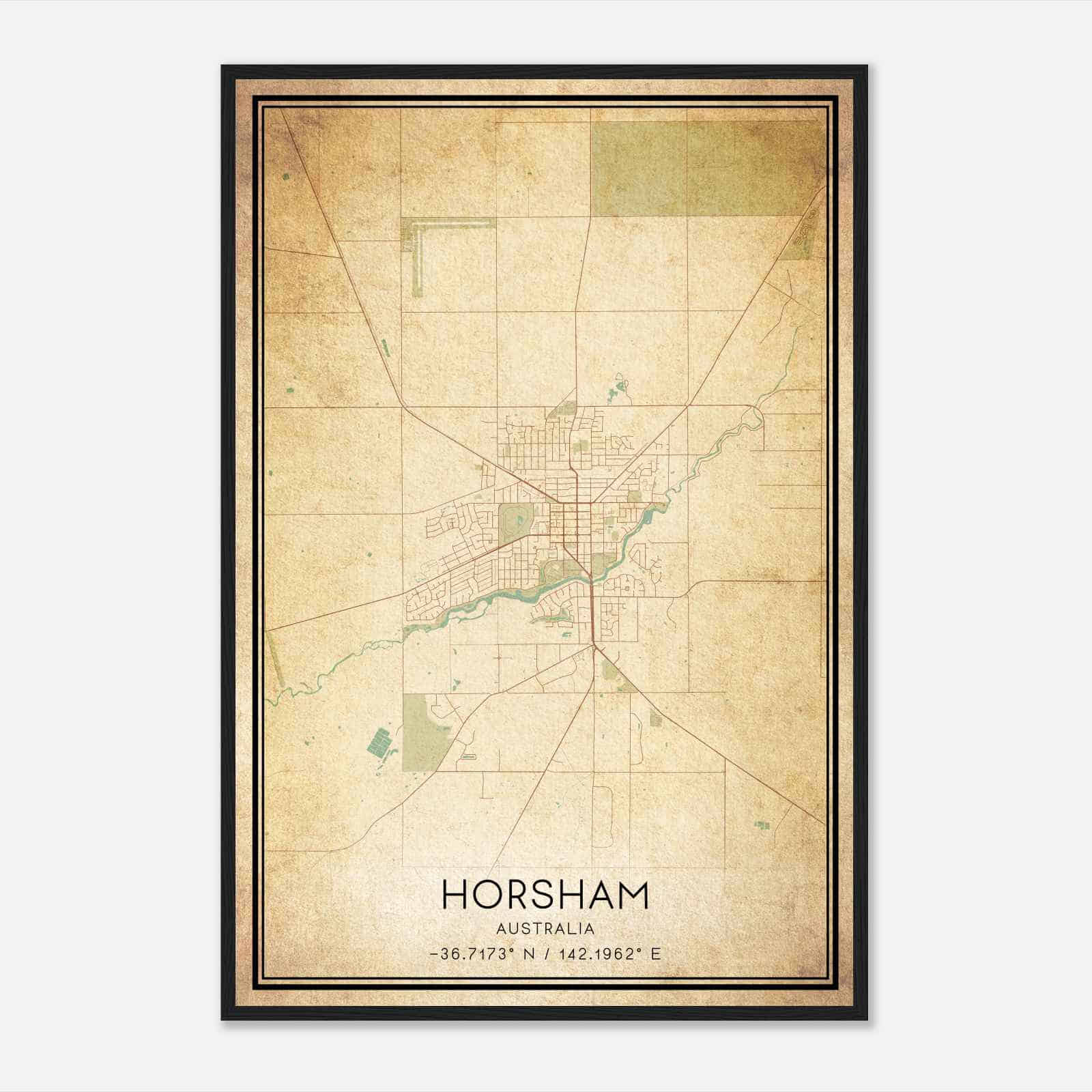 Vintage Horsham Australia Map Poster, Horsham City Road Wall Art Print ...