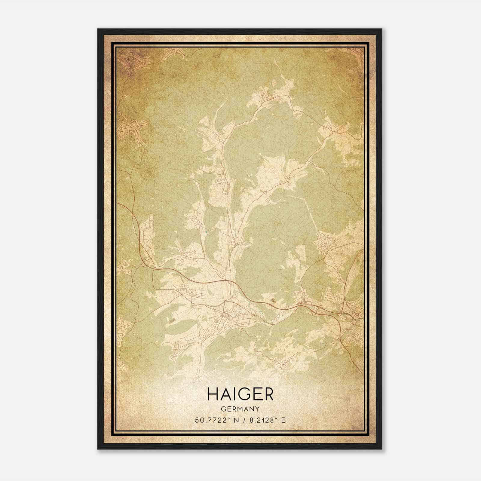 Vintage Haiger Germany Map Poster, Haiger City Road Wall Art Print ...