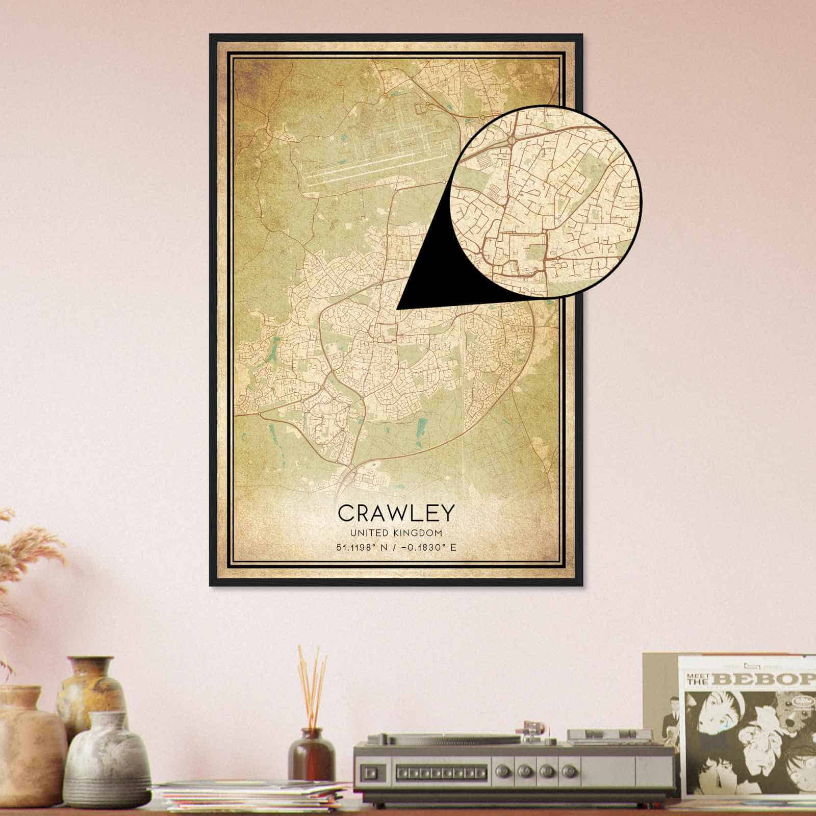 Vintage Crawley United Kingdom Map Poster, Crawley City Road Wall Art ...