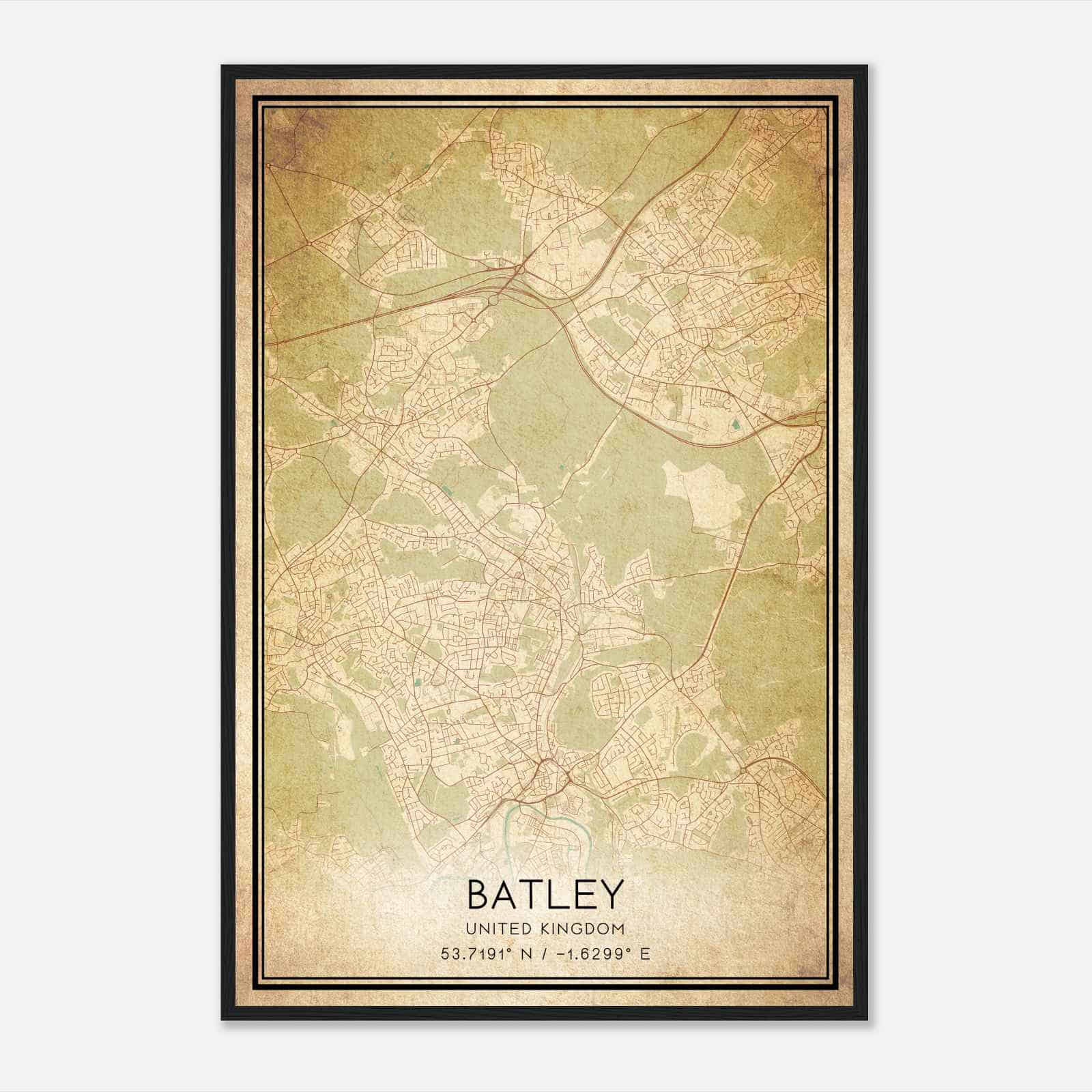 Vintage Batley United Kingdom Map Poster, Batley City Road Wall Art ...