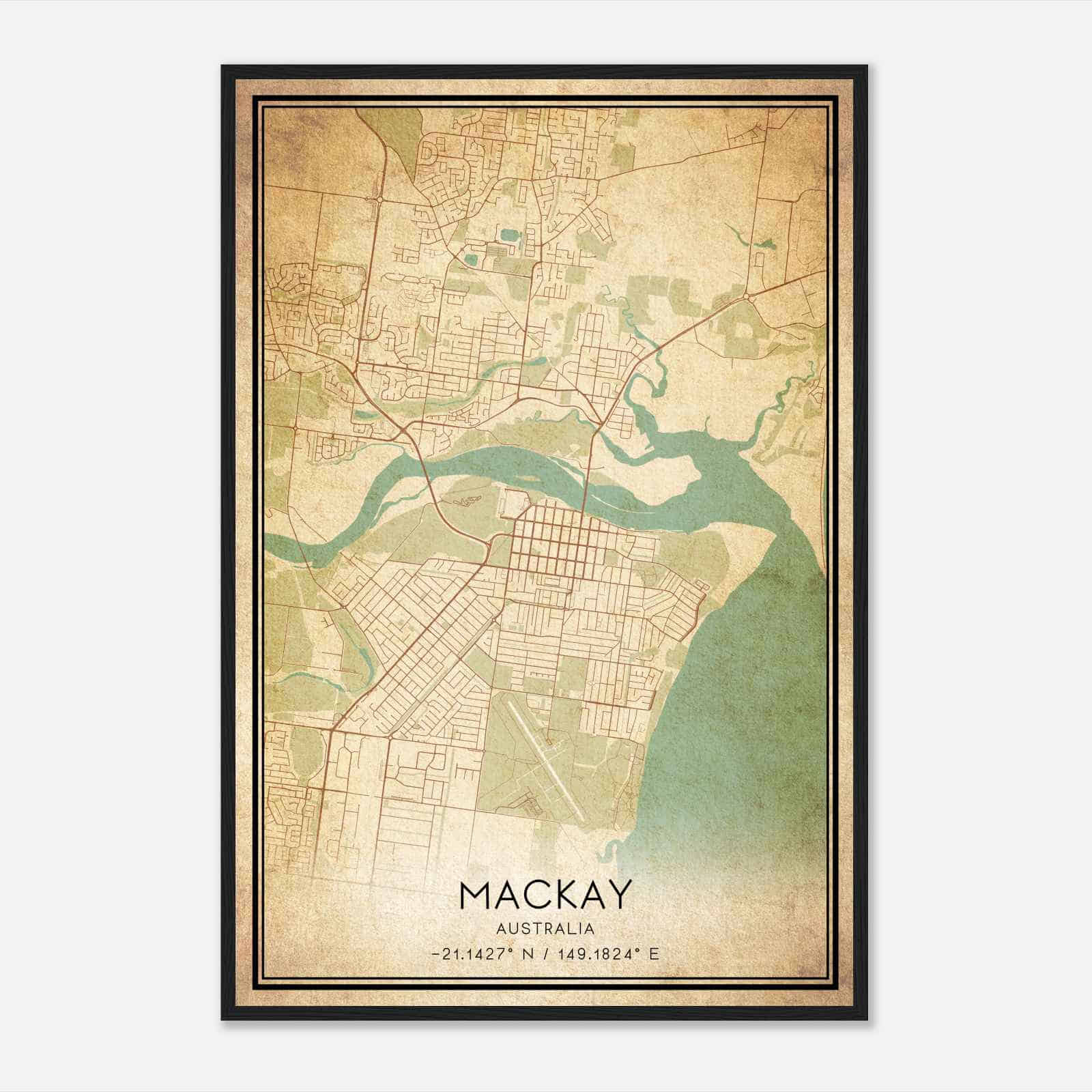 Vintage Mackay Australia Map Poster, Mackay City Road Wall Art Print ...