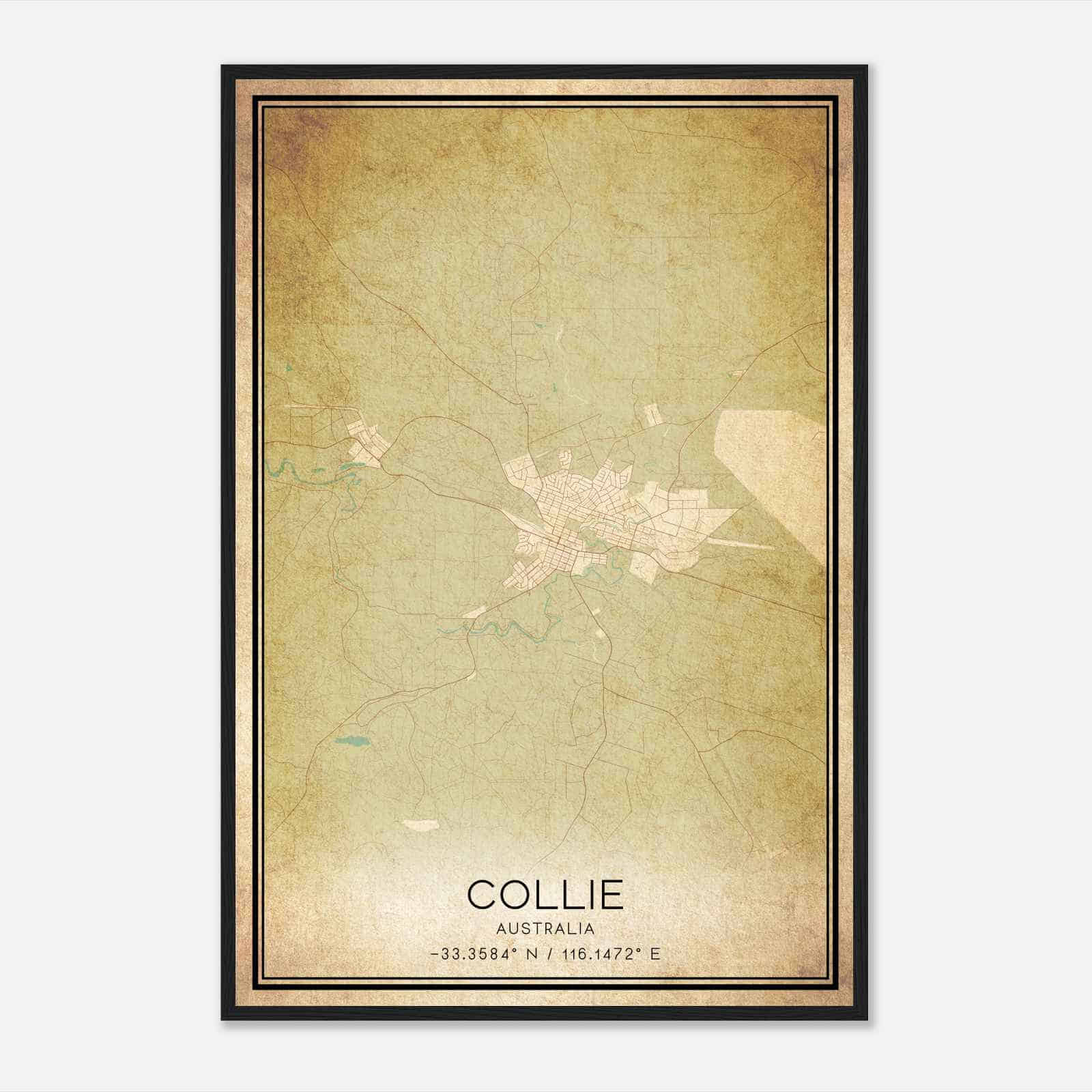 Vintage Collie Australia Map Poster, Collie City Road Wall Art Print ...