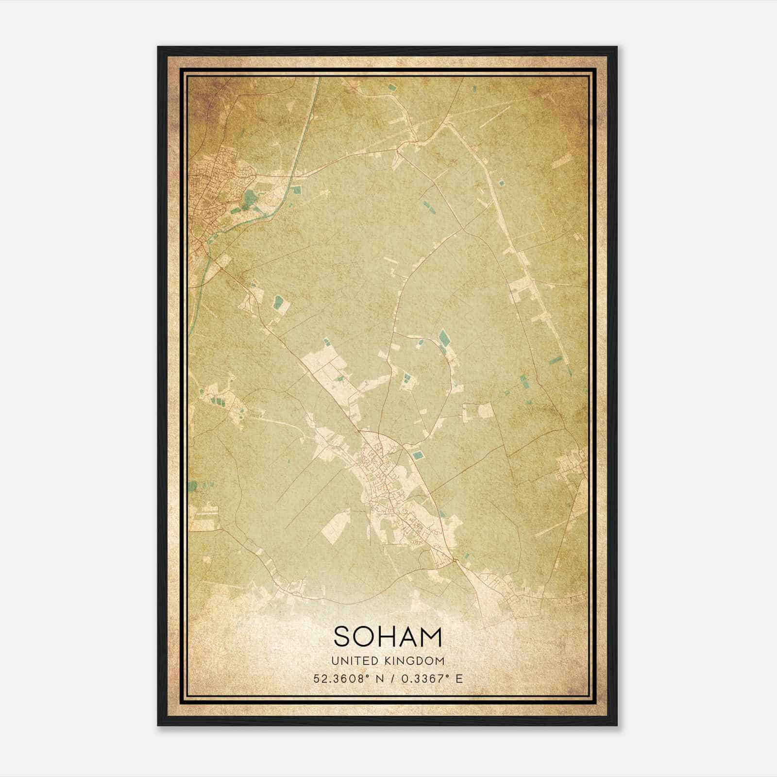 Vintage Soham United Kingdom Map Poster, Soham City Road Wall Art Print - Custom Maps & Posters