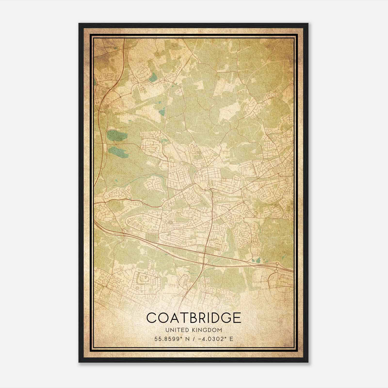 Vintage Coatbridge United Kingdom Map Poster, Coatbridge City Road Wall ...