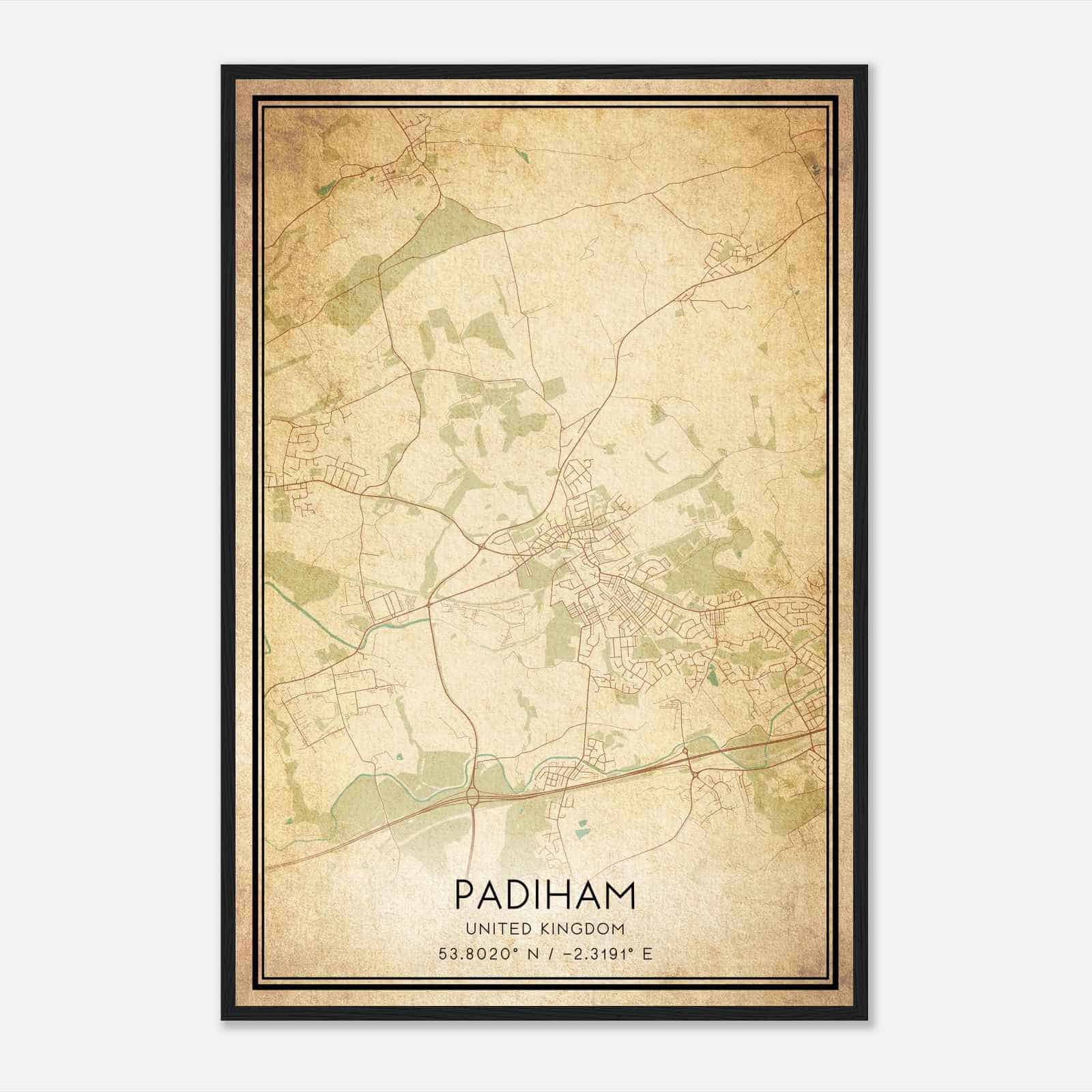 Vintage Padiham United Kingdom Map Poster, Padiham City Road Wall Art ...