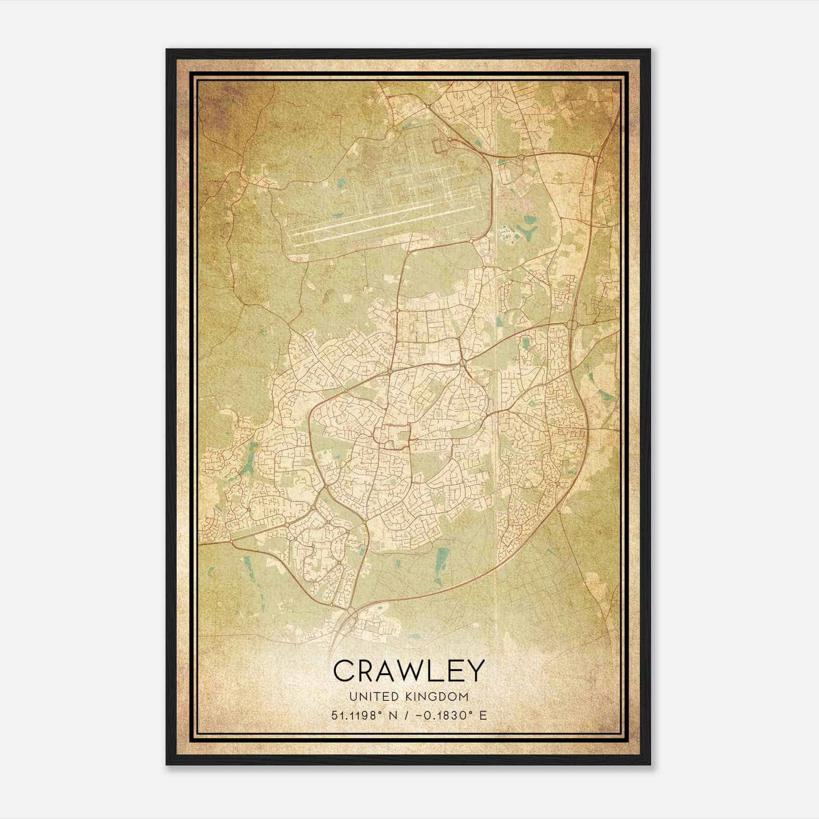 Vintage Crawley United Kingdom Map Poster, Crawley City Road Wall Art ...